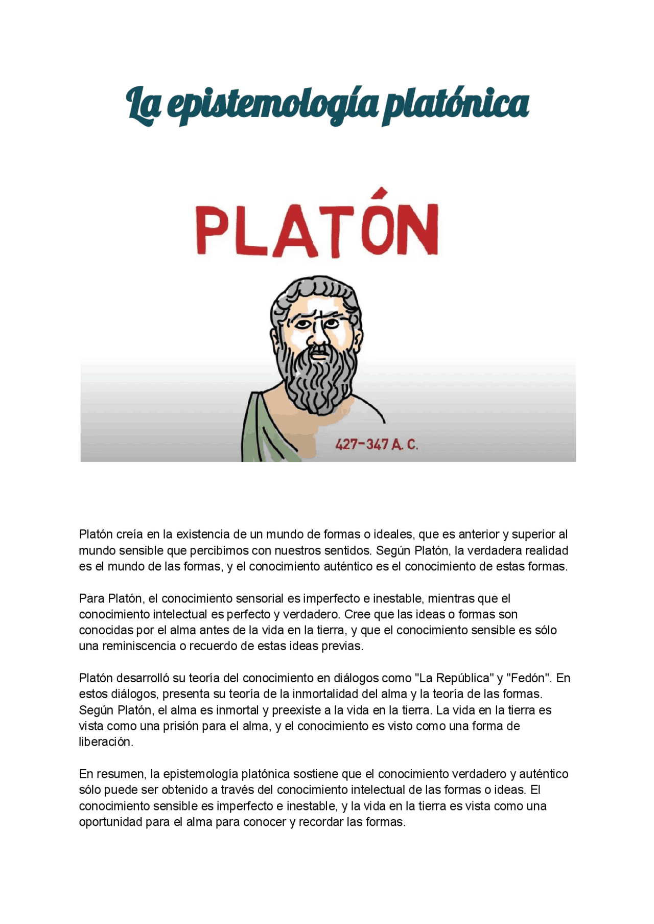 La epistemología platónica | Apuntes de Historia de la Filosofía | Docsity