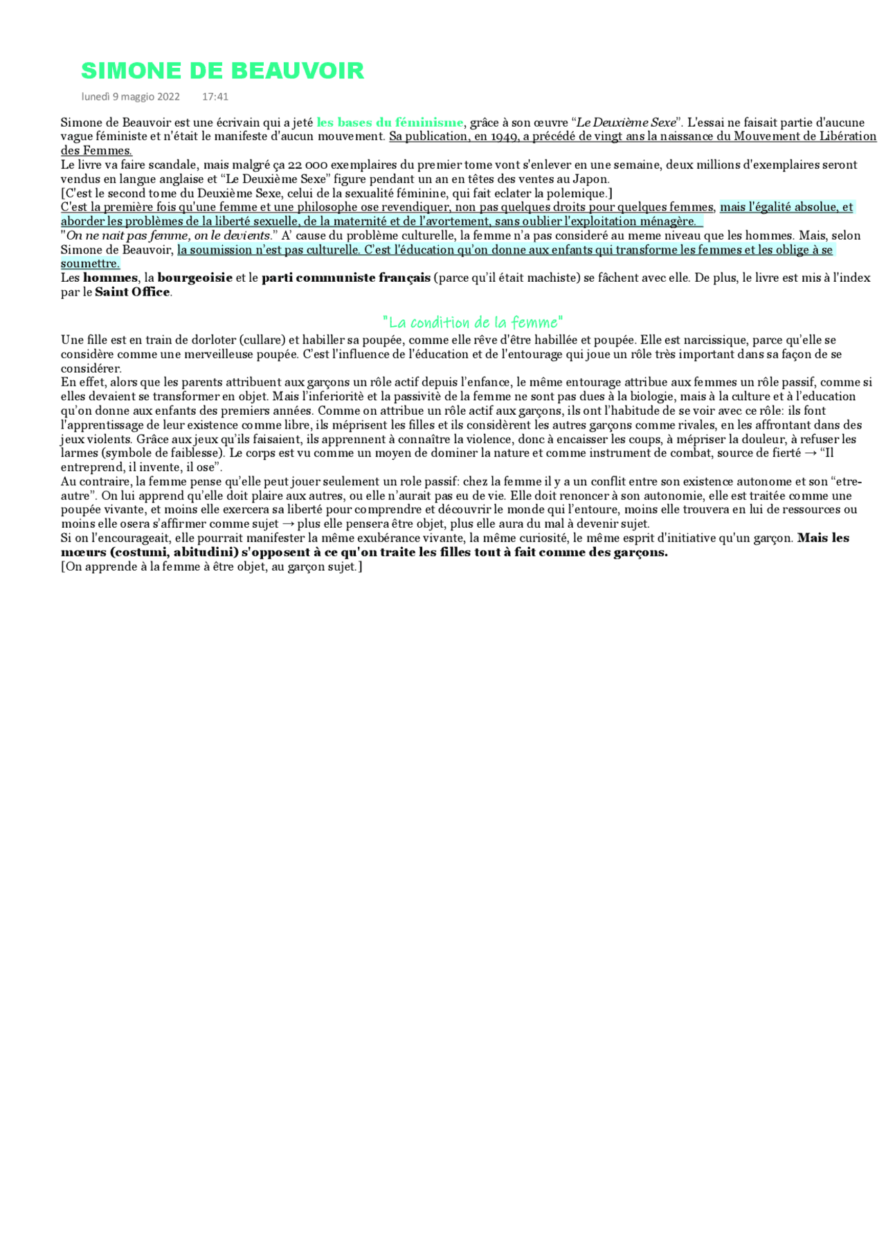 Simone de Beauvoir: "La condition de la femme" | Appunti di Francese ...