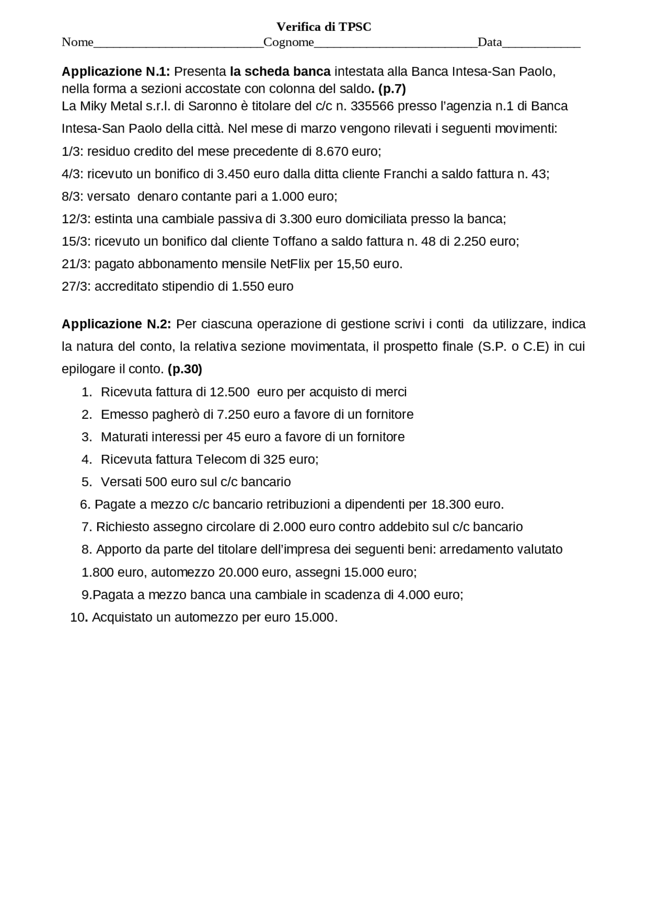 Verifica scritta inerente il Mod B: scritture in p.d., analisi dei fatti di gestione | Esercizi ...