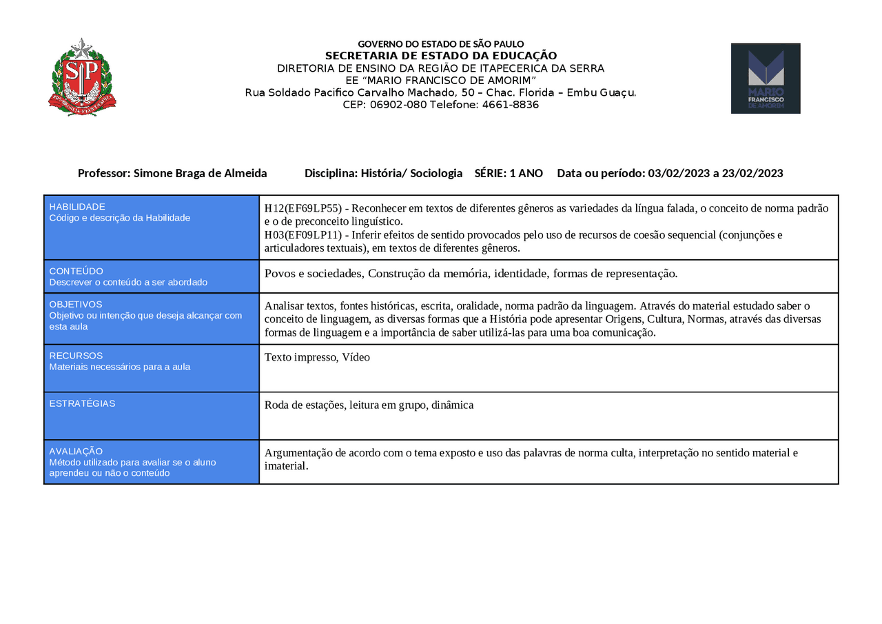 Plano De Aula De História Exercícios História Docsity