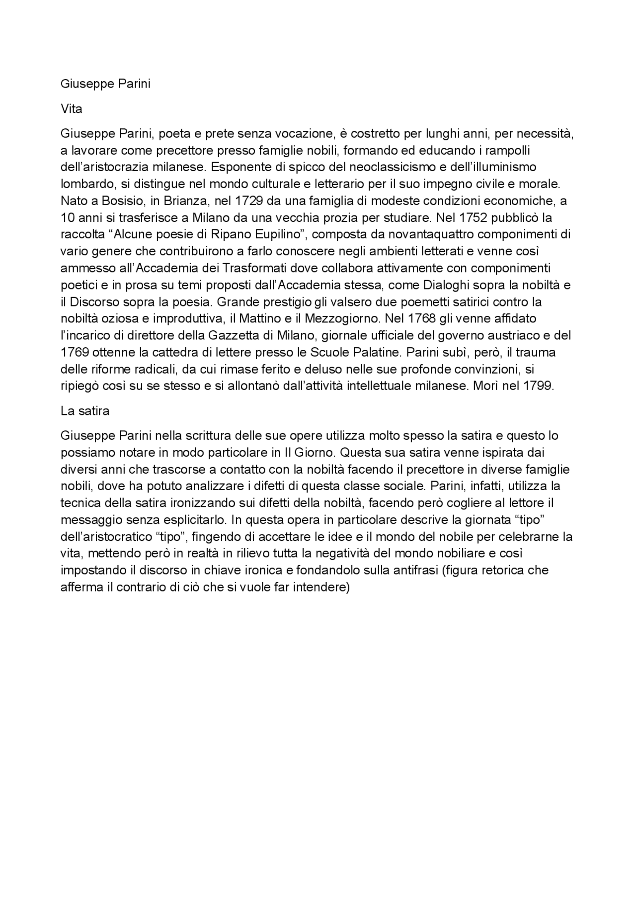 Giuseppe Parini Breve Appunti Di Italiano Docsity