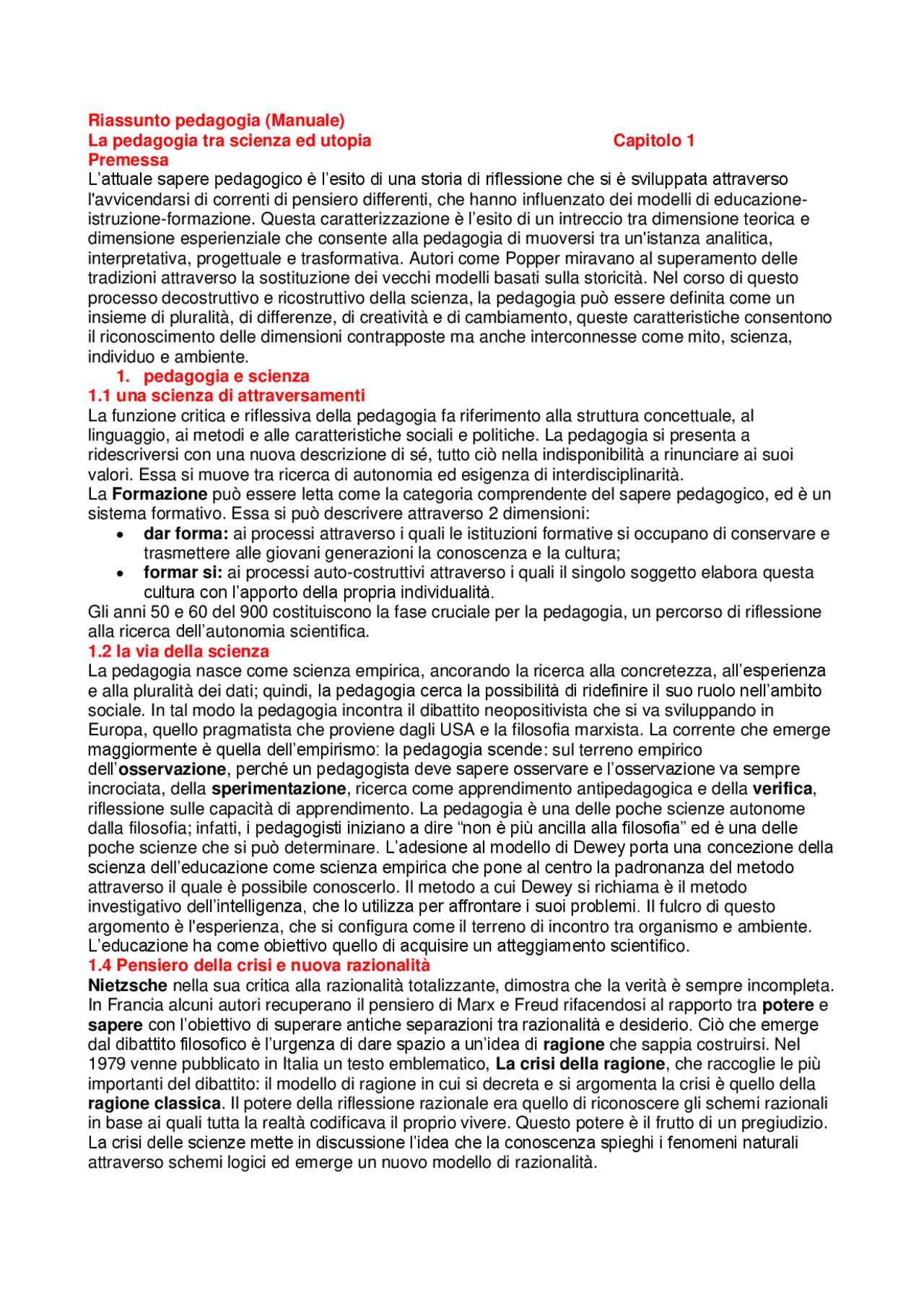 Riassunto del manuale di pedagogia Frabboni | Schemi e mappe concettuali di Pedagogia | Docsity