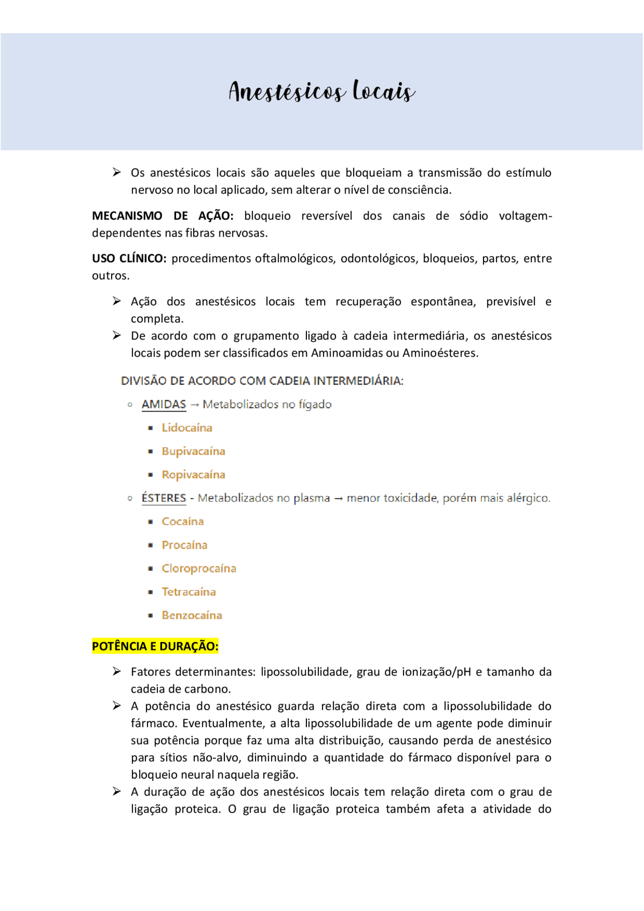 Anestesia Local Resumo Esquemas Anestesiologia Docsity