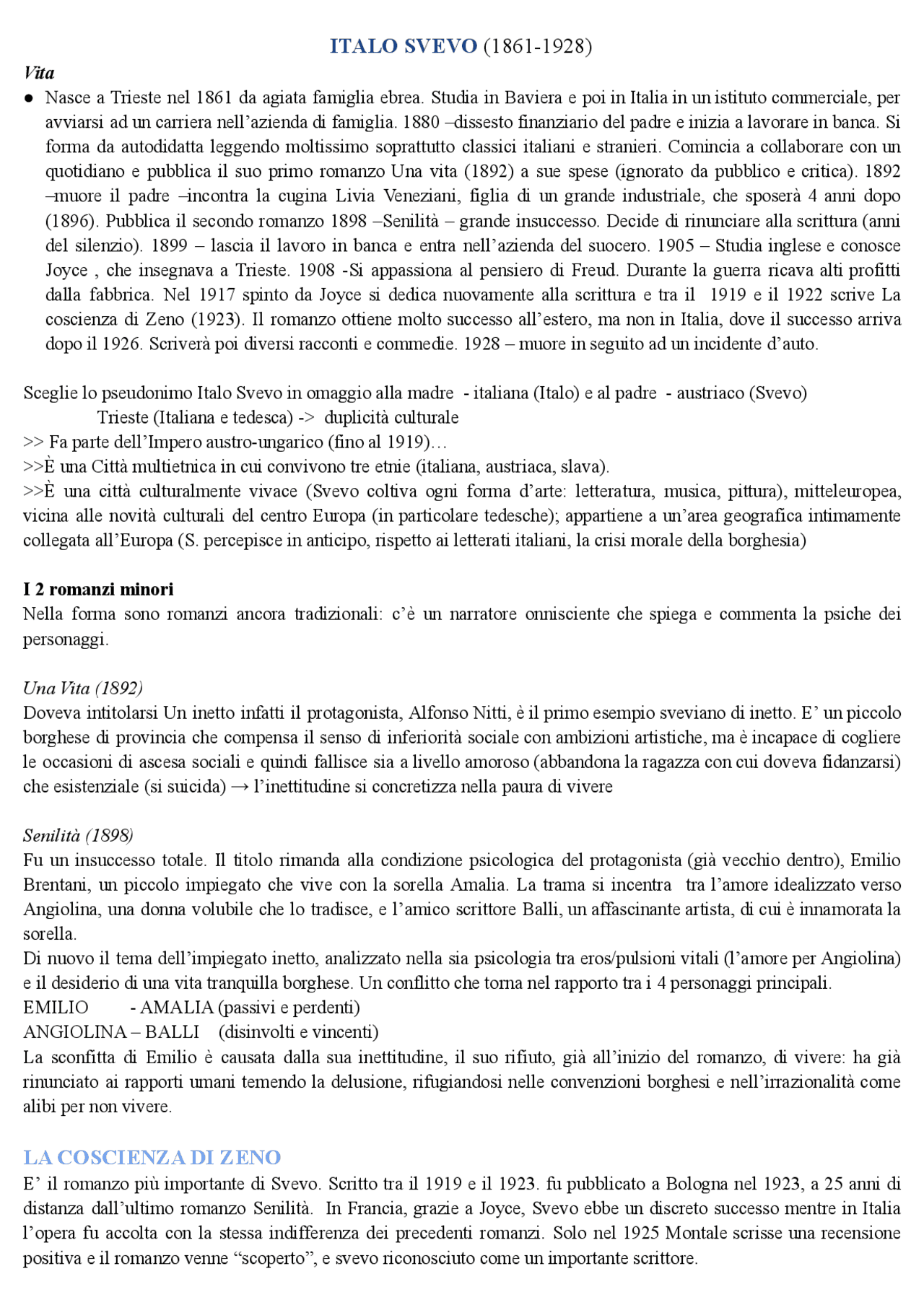 Italo Svevo riassunto per la maturità | Appunti di Italiano | Docsity