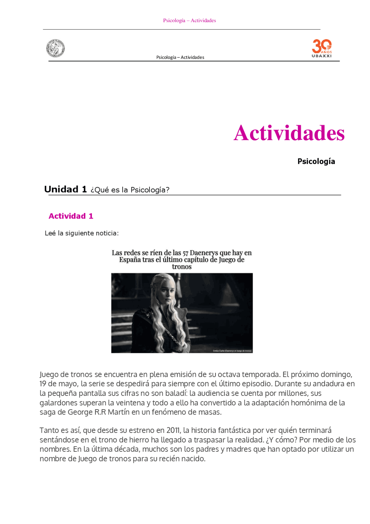 Actividades Unidad Uno | Ejercicios de Psicología | Docsity