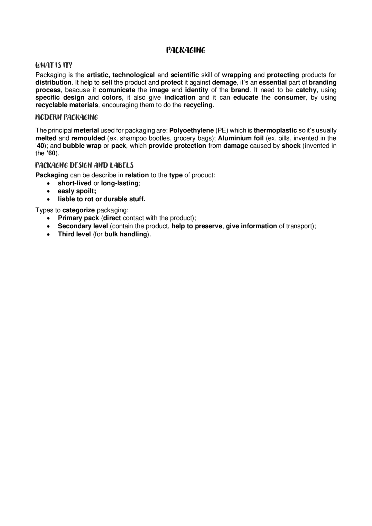 Il Packaging E Le Sue Caratteristiche Appunti Di Inglese Docsity
