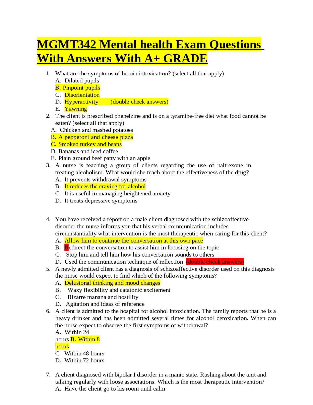 Mgmt342 Mental Health Exam Questions With Answers With A Grade Exams