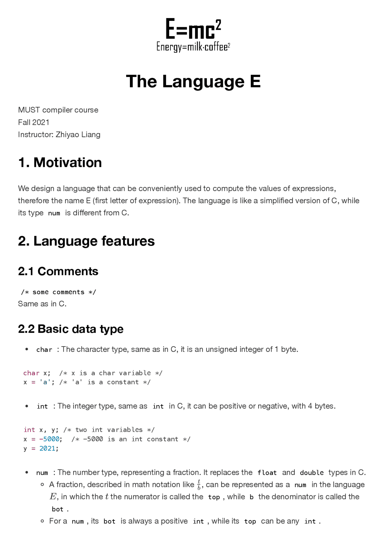 E Language Compiler Course: A Simplified C-like Language | Exercises Compilers | Docsity