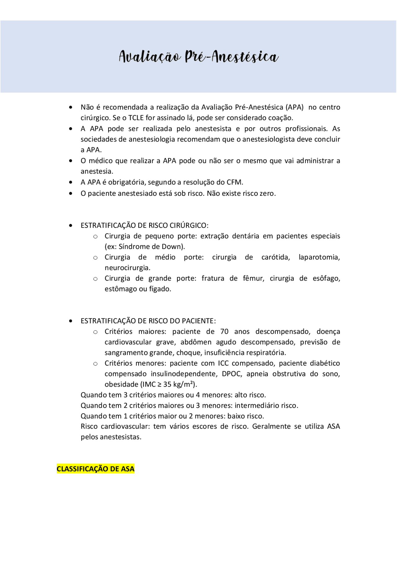 Avaliação Pré Anestésica Esquemas Anestesiologia Docsity
