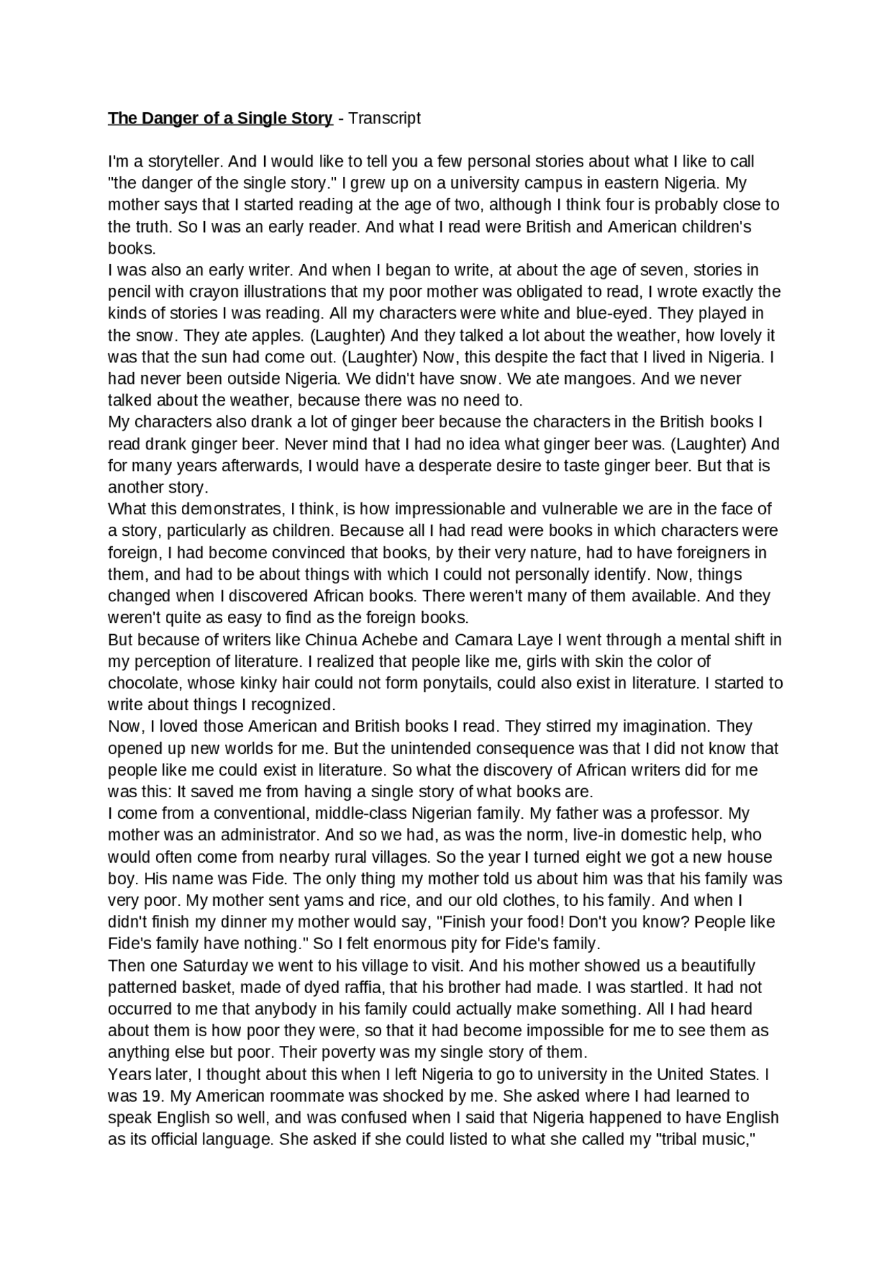 Testo in inglese “the danger of a single story” | Appunti di Inglese ...