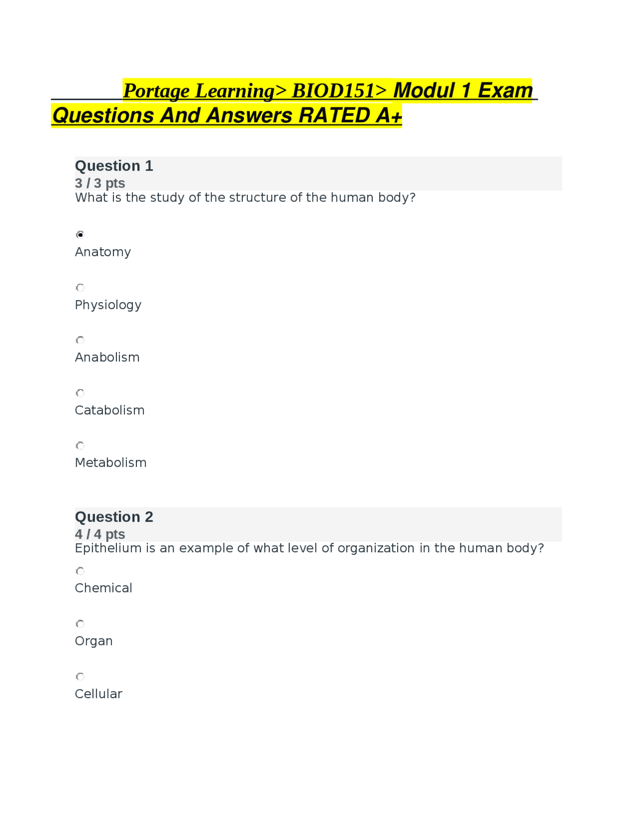 Portage Learning Biod151 Modul 1 Exam Questions And Answers Rated A