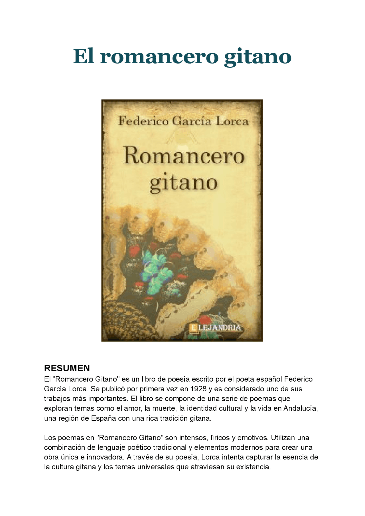 El Romancero Gitano Lorca Resúmenes De Lengua Y Literatura Docsity