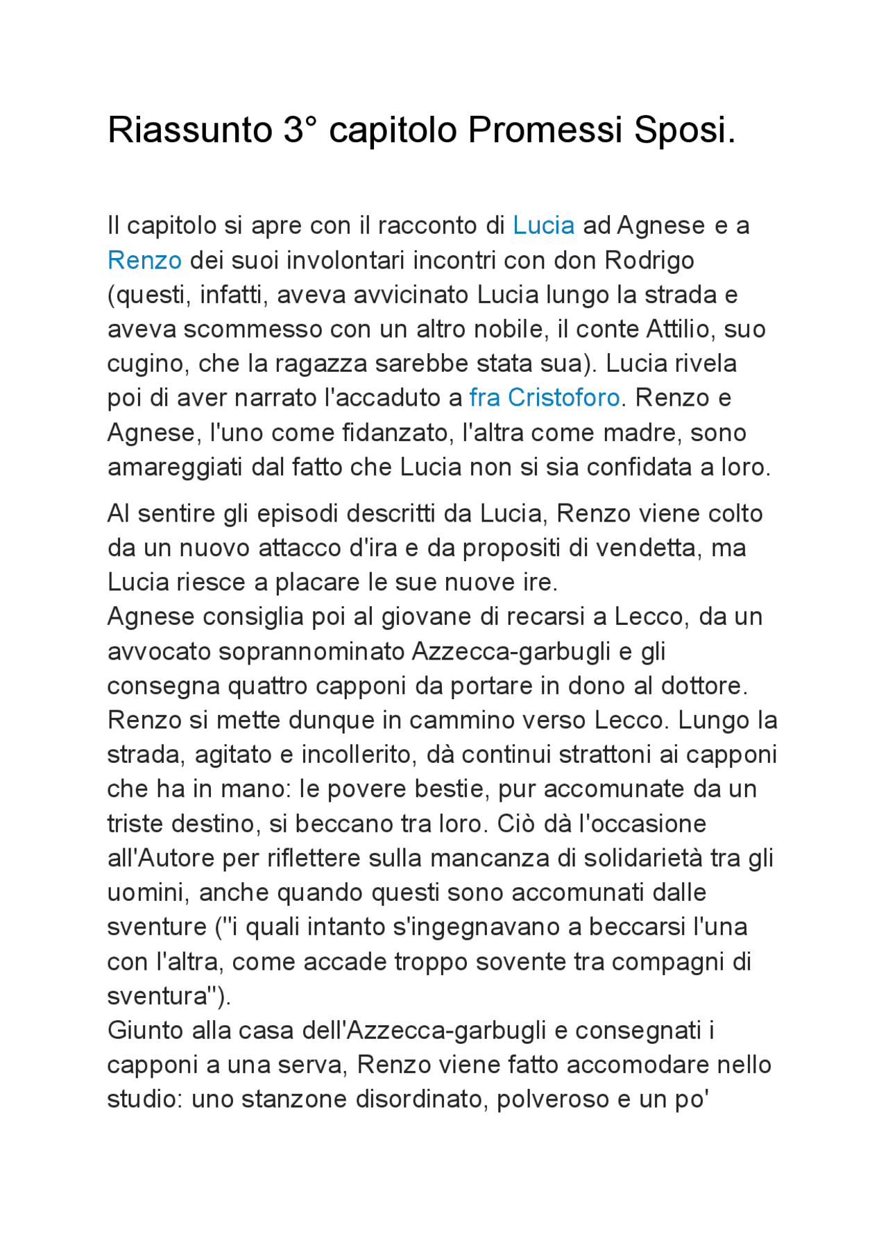 Riassunto 3° capitolo Promessi Sposi | Appunti di Italiano | Docsity