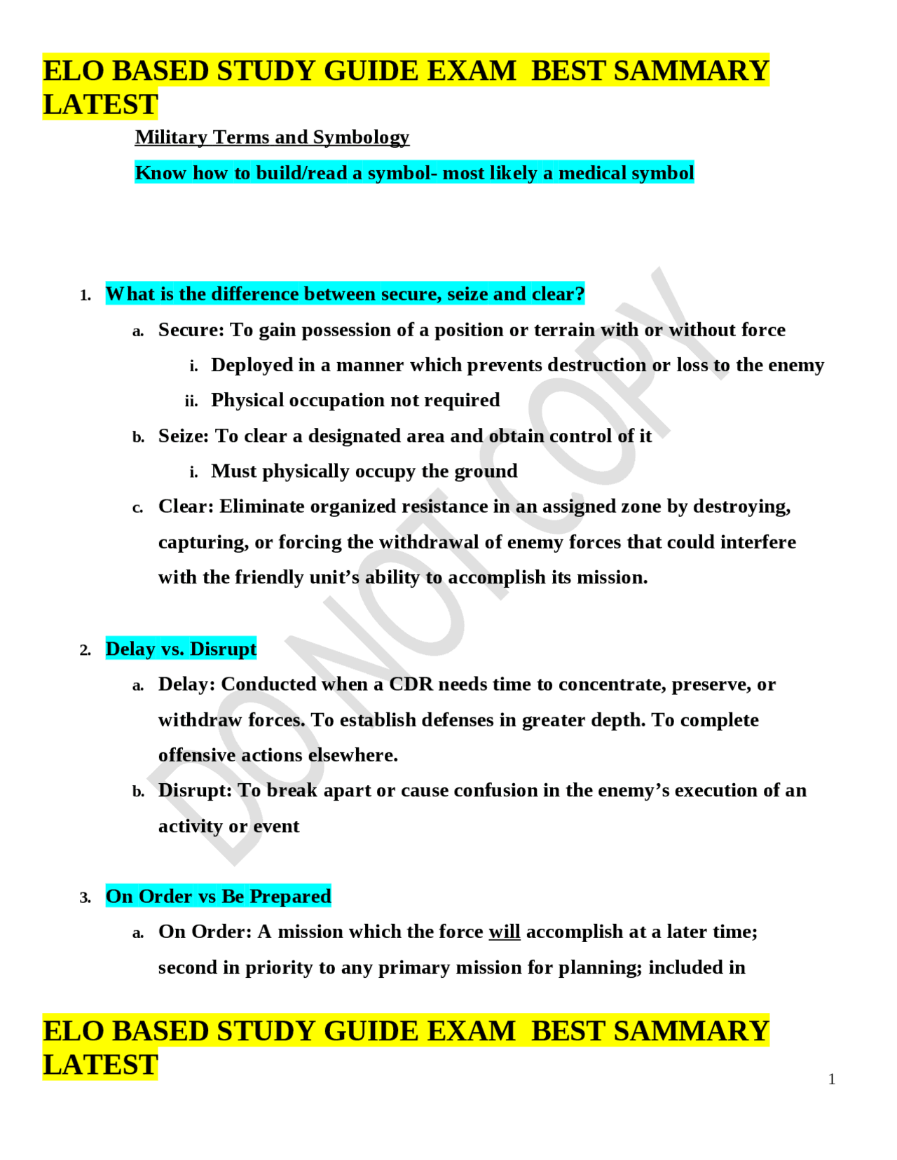 ELO BASED STUDY GUIDE EXAM BEST SAMMARY LATEST | Exams Nursing | Docsity