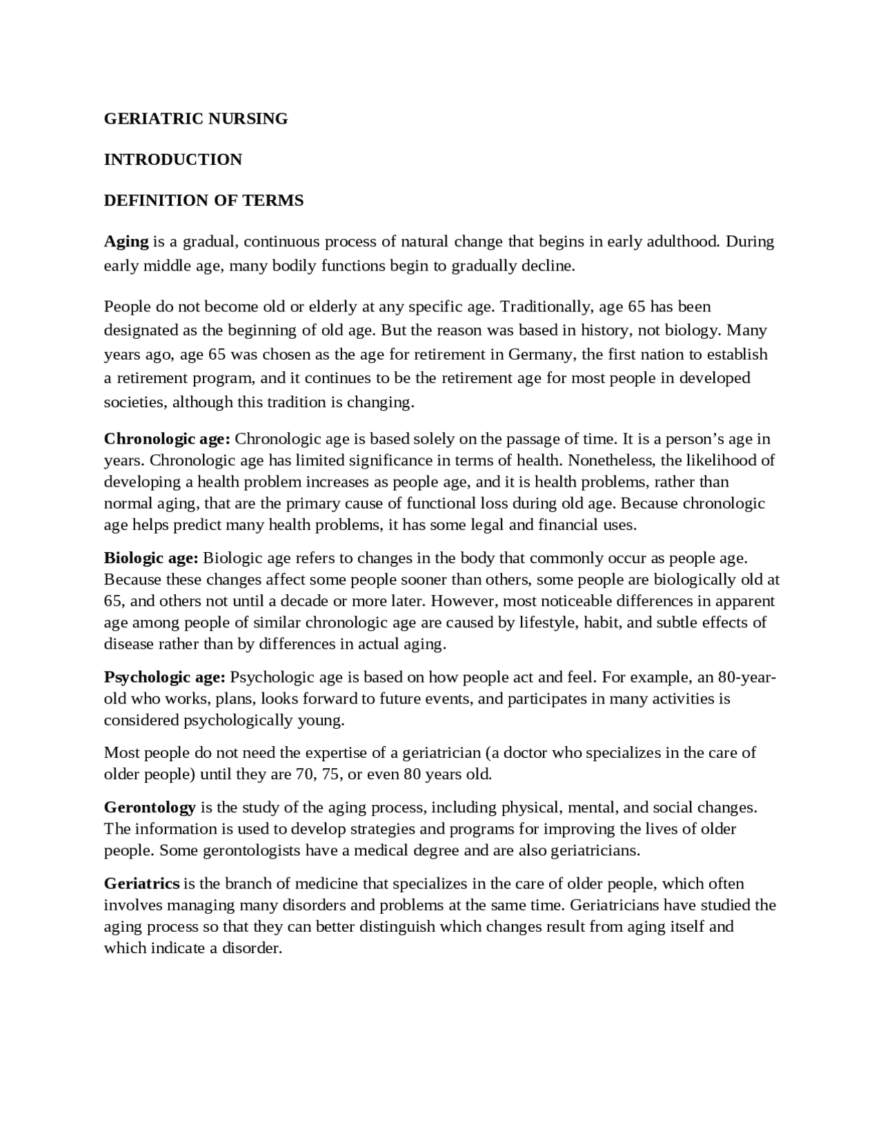 Geriatric nursing notes | Exams Nursing | Docsity