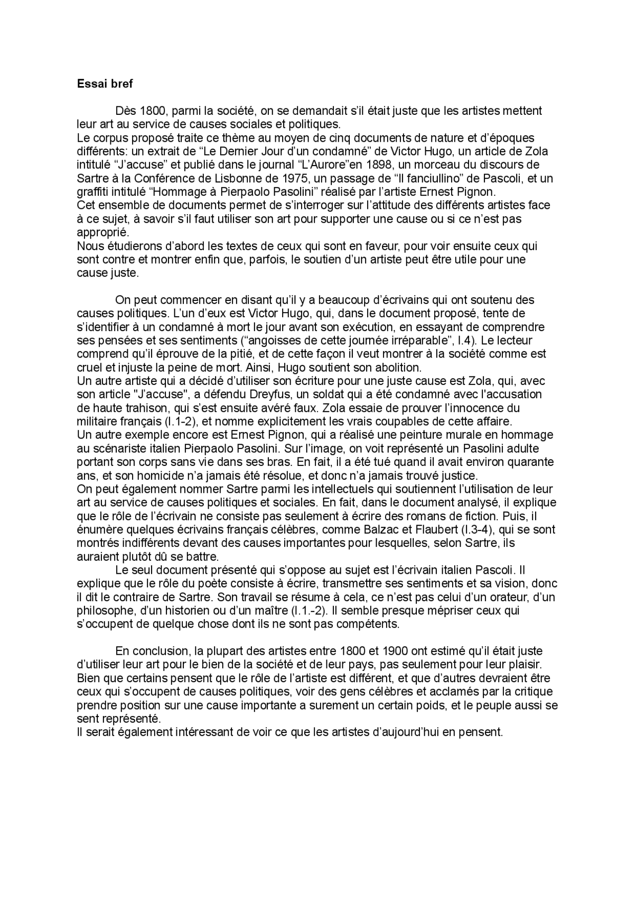 Essai bref ESABAC 600 mots | Prove d'esame di Francese | Docsity