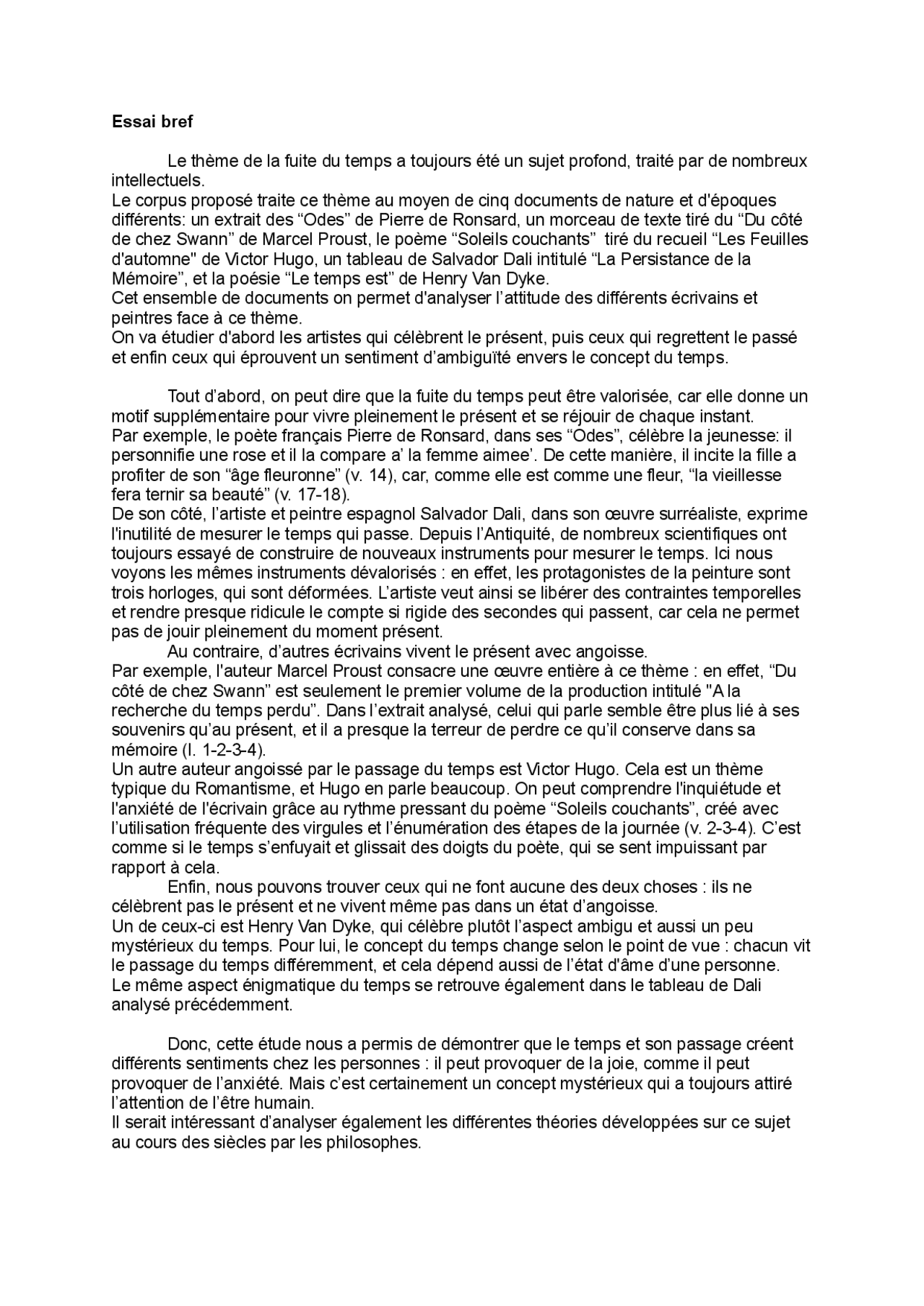 Essai bref ESABAC 600 mots | Prove d'esame di Francese | Docsity