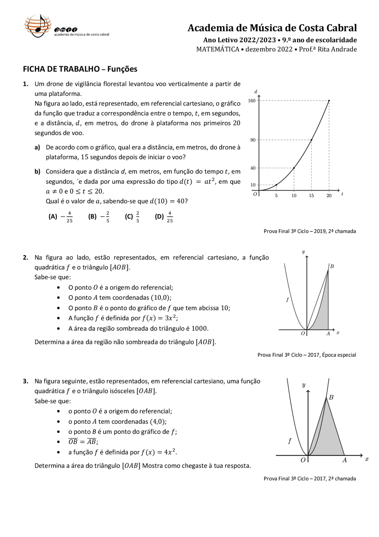 Ficha de trabalho de funções | Exercícios Matemática | Docsity