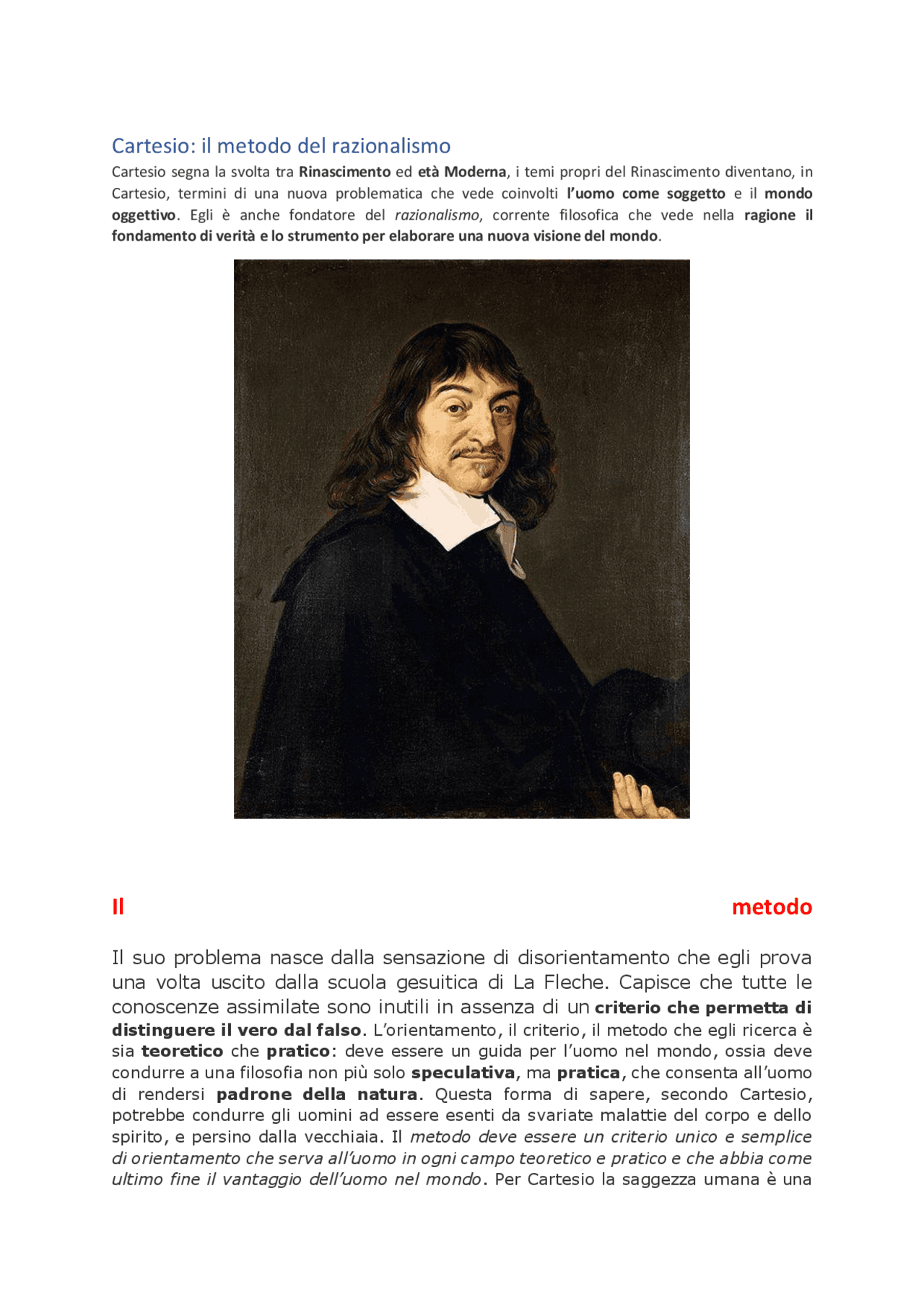 Cartesio filosofia scuole superiori | Appunti di Filosofia | Docsity