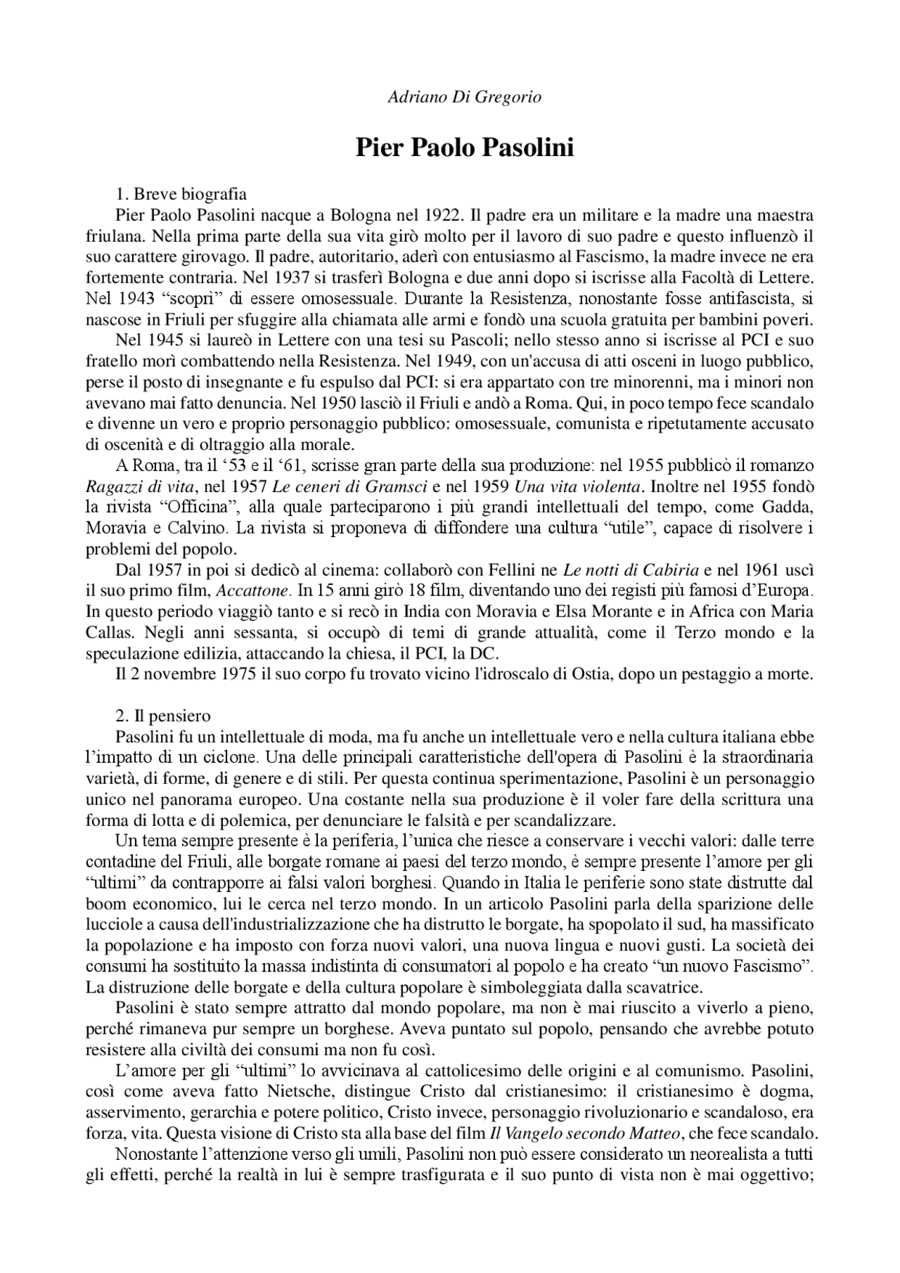 Pier Paolo Pasolini. | Appunti di Italiano | Docsity