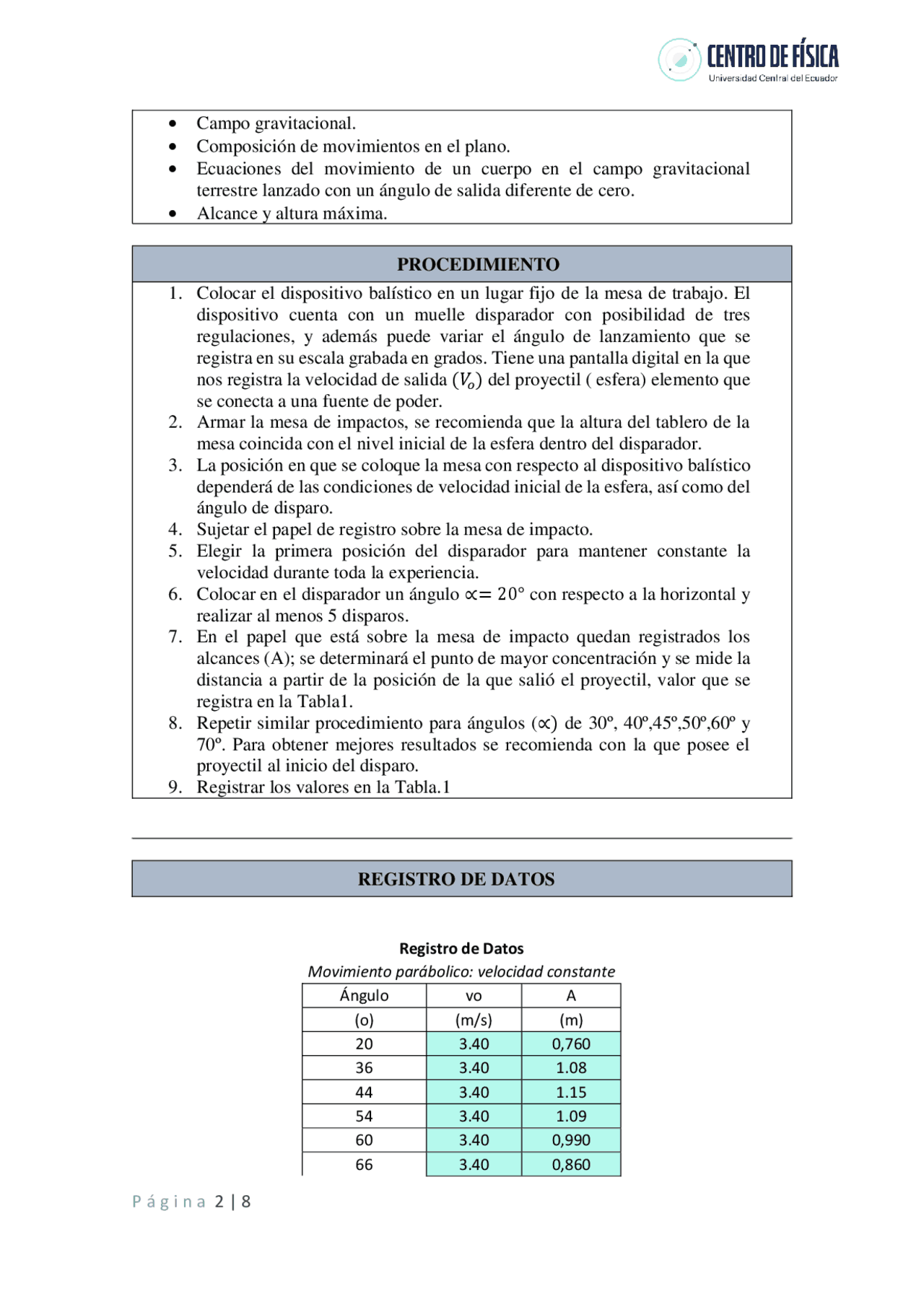 Informe 8. Movimiento Parabólico | Guías, Proyectos, Investigaciones de Física | Docsity