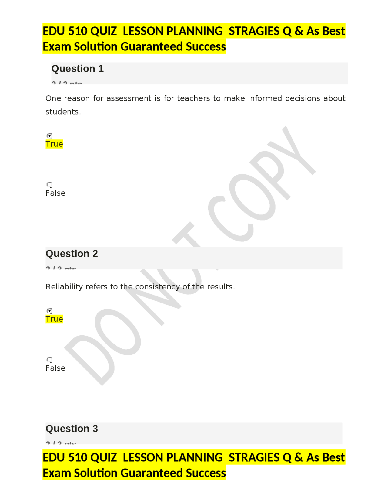 EDU 510 QUIZ LESSON PLANNING STRAGIES Q & As Best Exam Solution Guaranteed Success | Exams ...