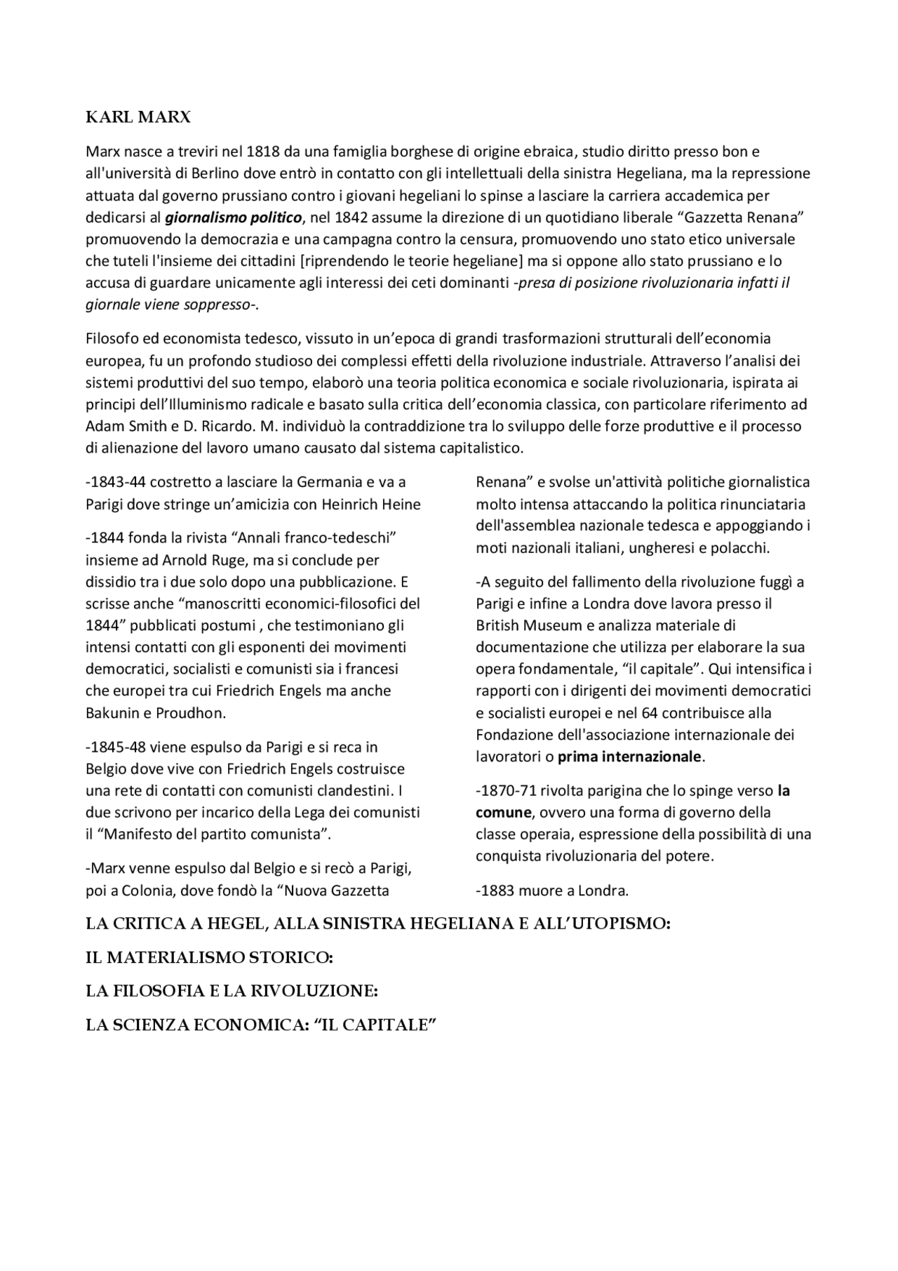 Il Documento Tratta La Vita Di Karl Marx Schemi E Mappe Concettuali