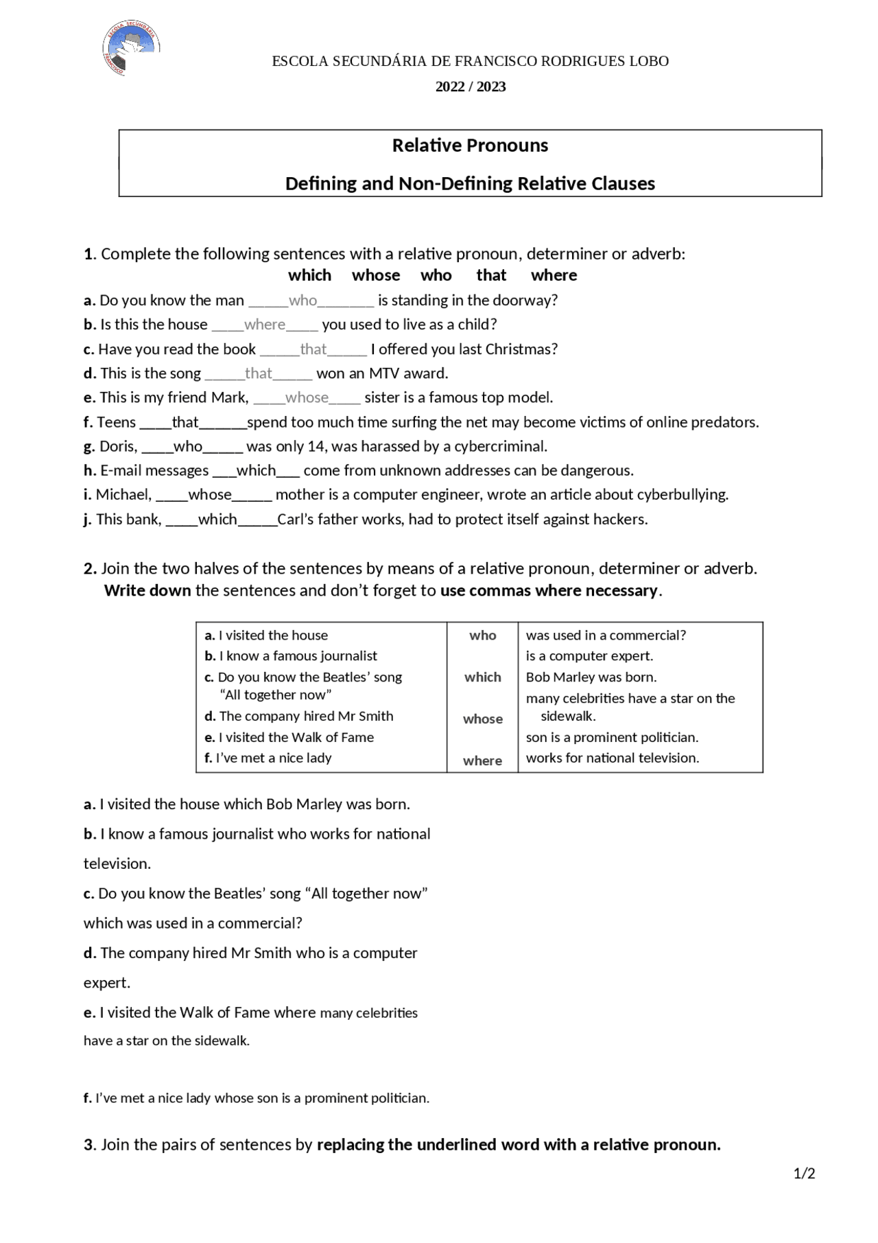 Relative Clauses 10 Ano Exercícios Inglês Docsity