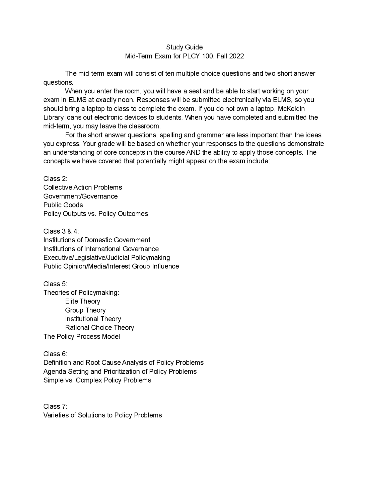 Policy 100 Midterm Exam Study Guide | Exams Policy sociology | Docsity