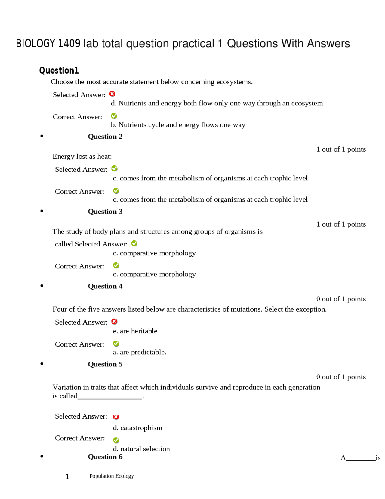 Biology 1409 Lab Total Question Practical 1 Questions With Answers