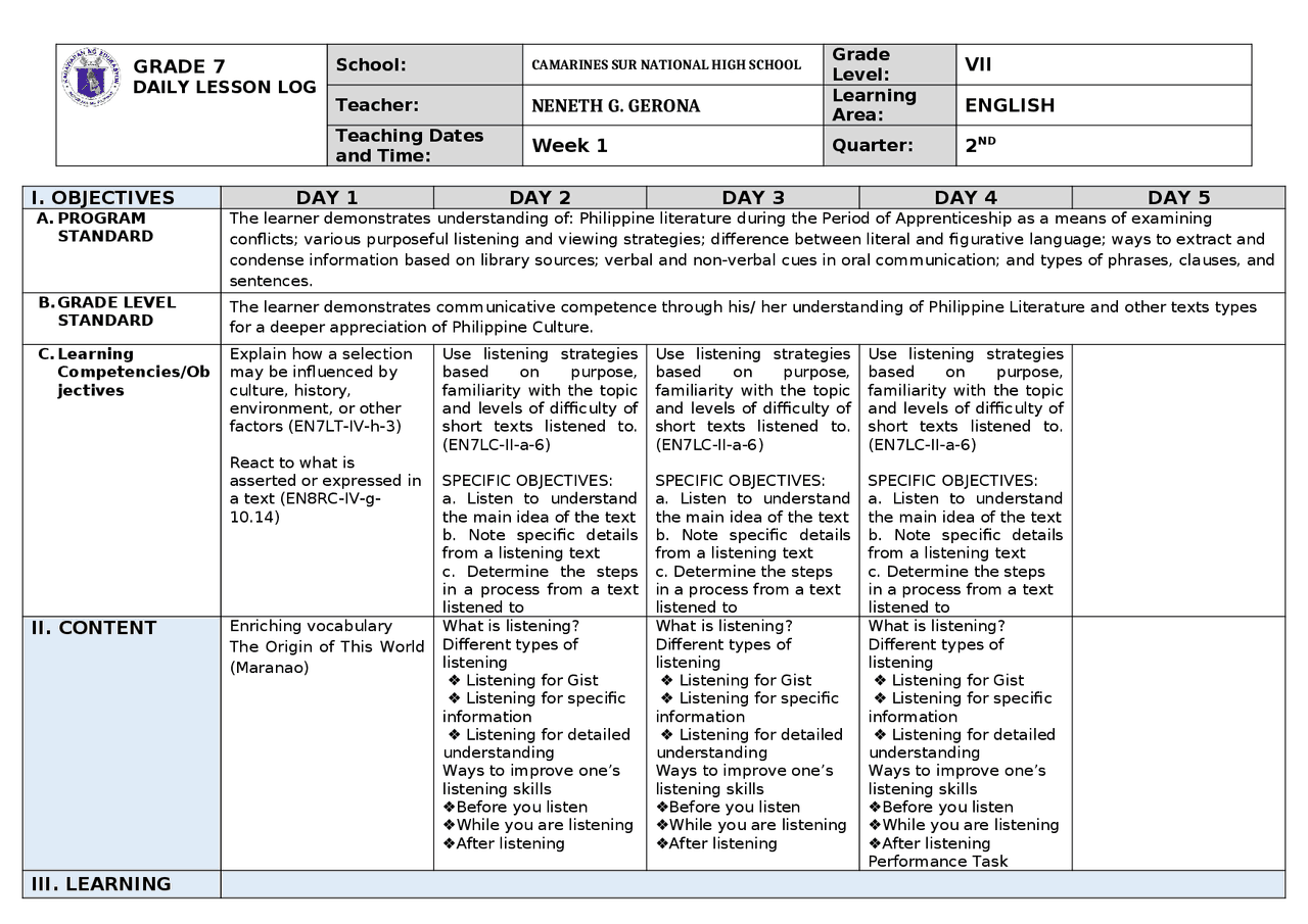Daily Lesson Log For Grade Seven English Language Schemes And Mind