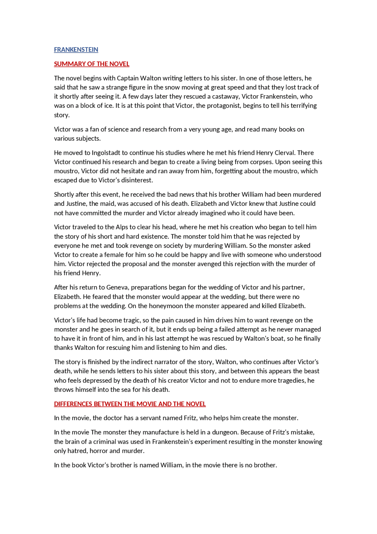 Resumen frankenstein | Esquemas y mapas conceptuales de Inglés | Docsity