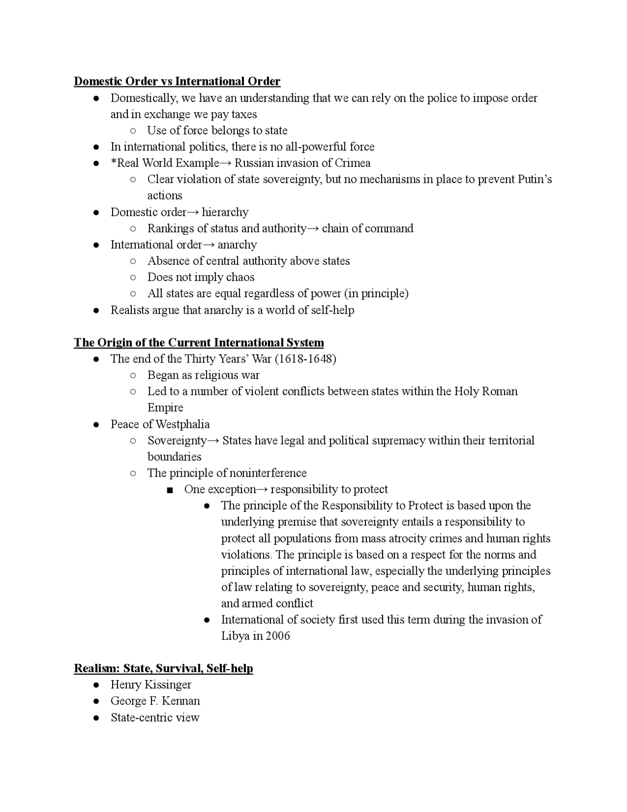 Realist Framework Notes Lecture Notes International Relations Docsity