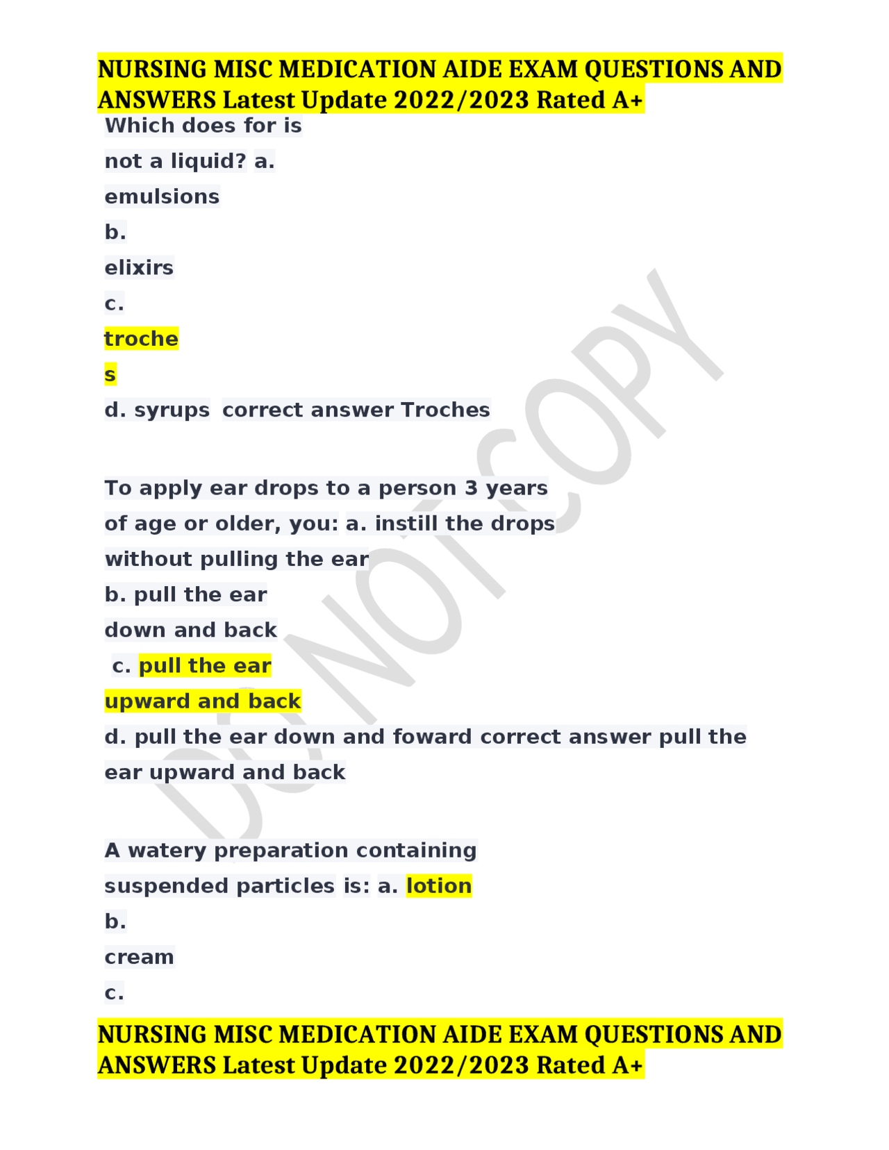 NURSING MISC MEDICATION AIDE EXAM QUESTIONS AND ANSWERS Latest Update ...