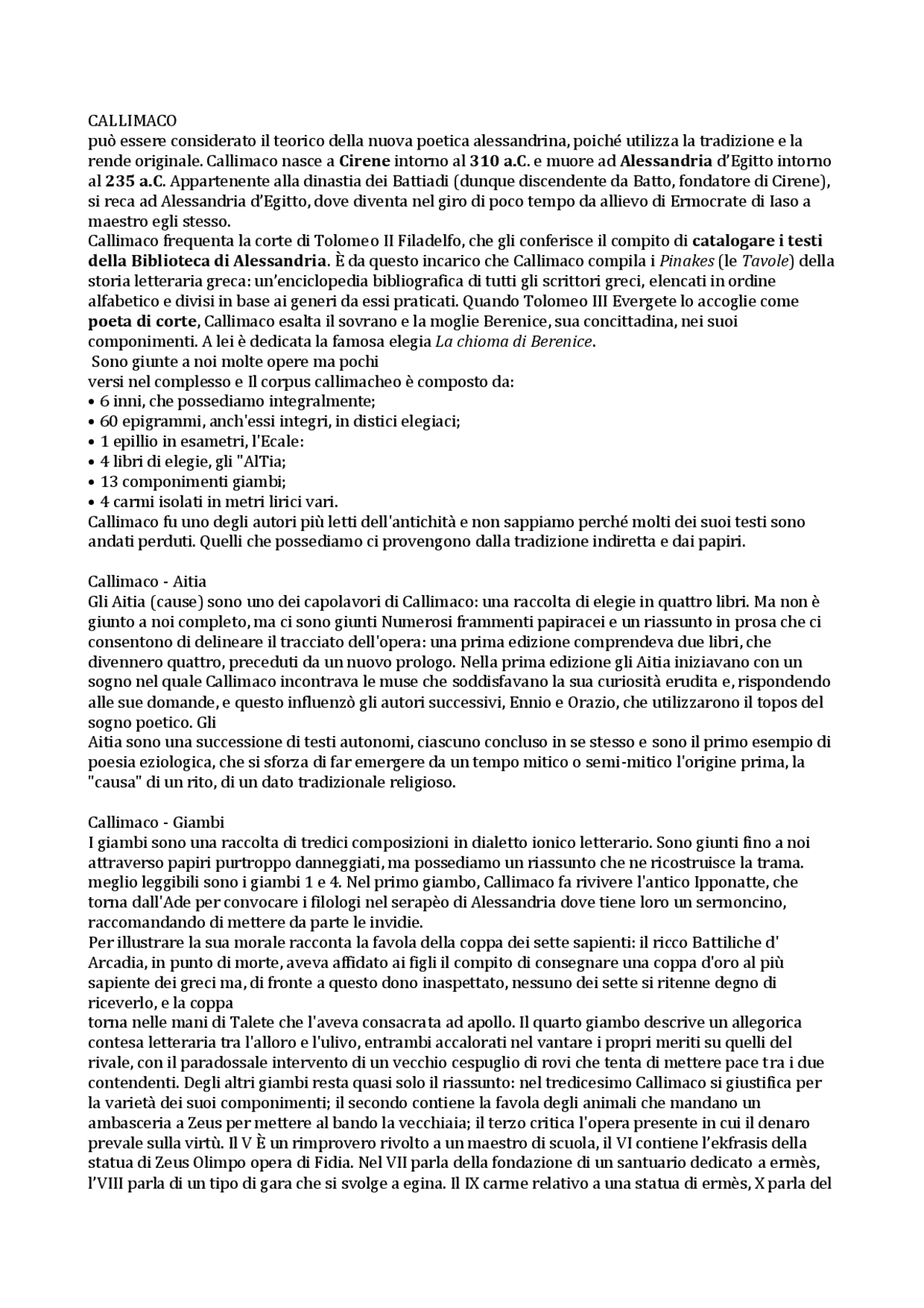 Riassunto Su Callimaco Appunti Di Latino Docsity