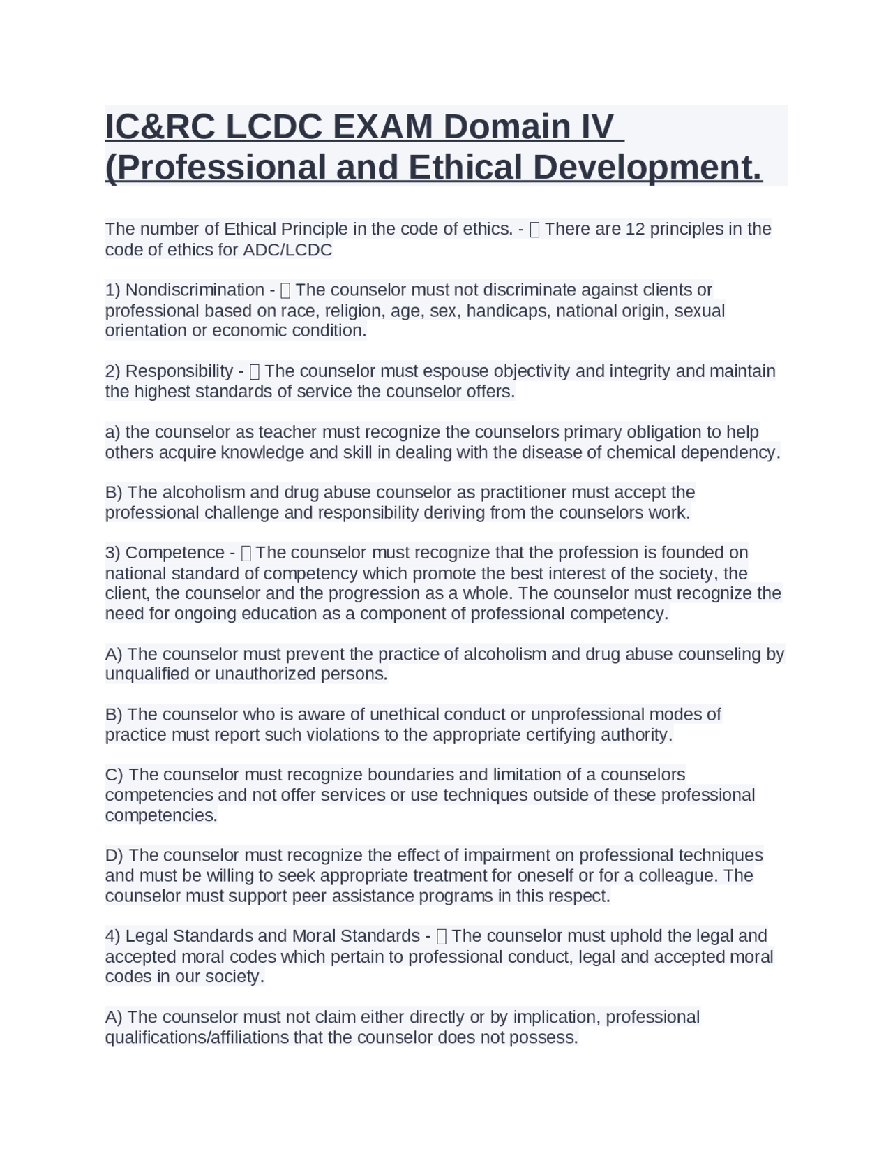 IC&RC LCDC EXAM Domain IV (Professional and Ethical Development ...