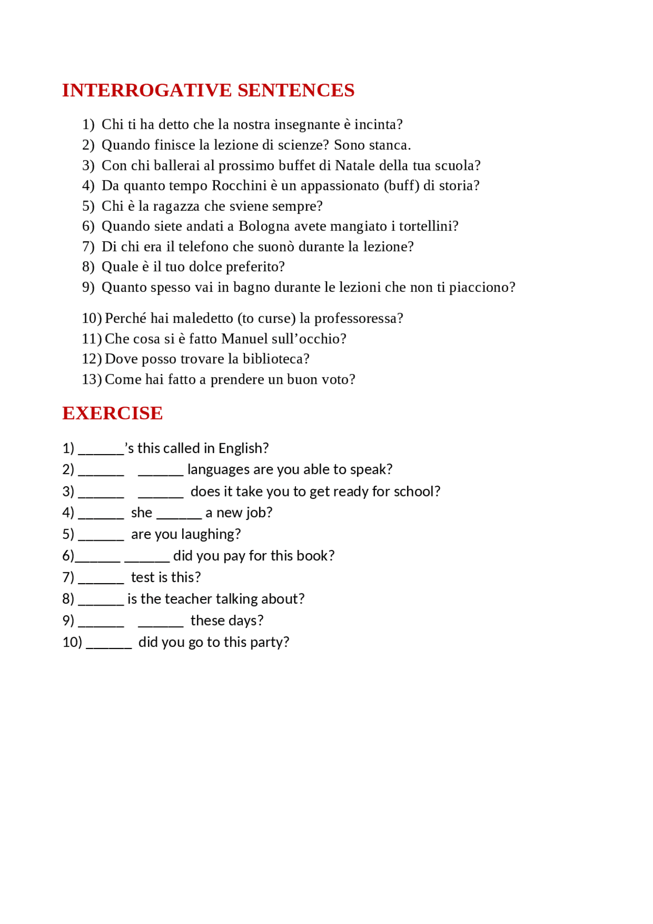 Frasi interrogative con relativi ed esercizi | Esercizi di Inglese | Docsity