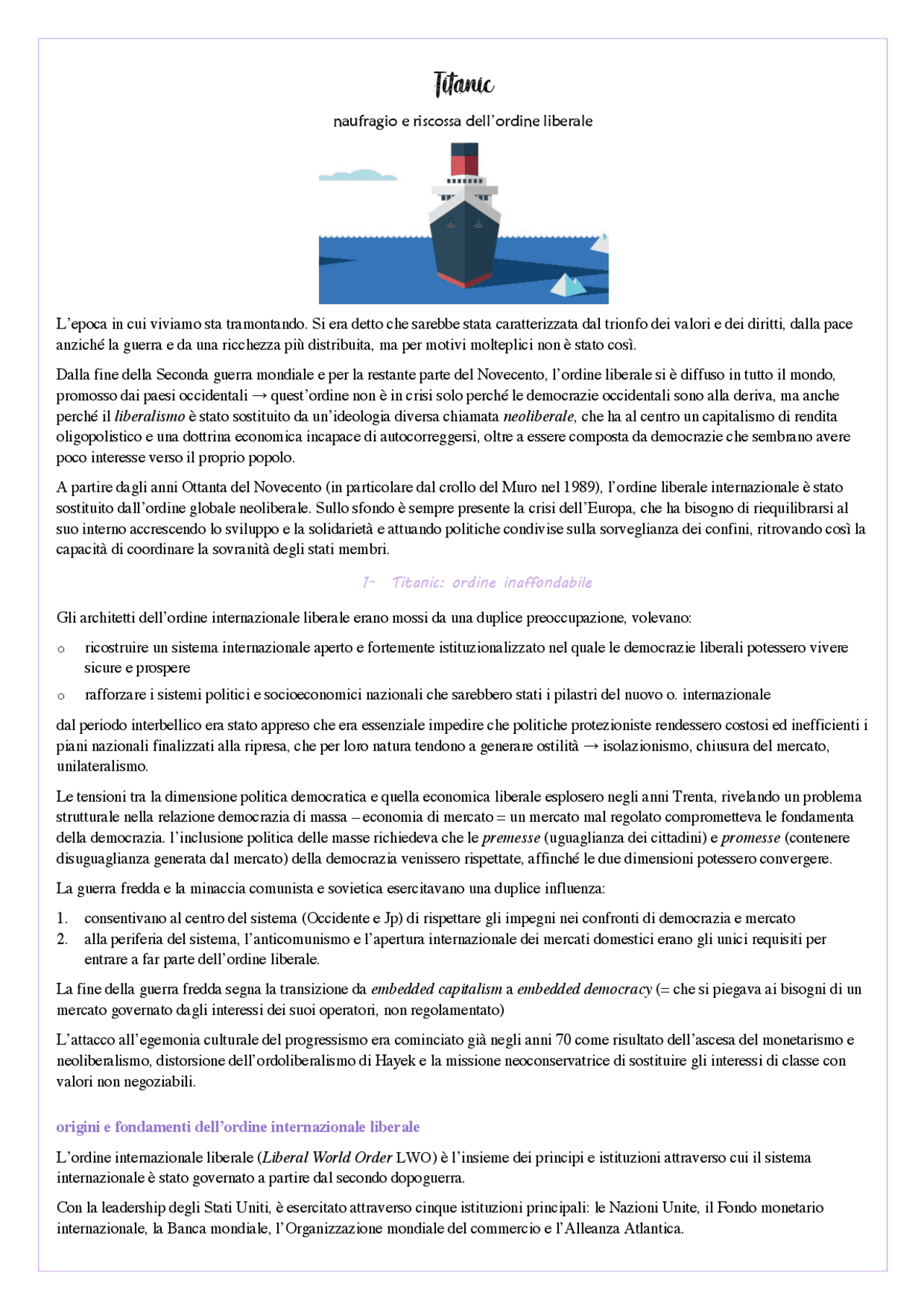 Riassunto Titanic: naufragio o cambio di rotta per l'ordine liberale | Dispense di Relazioni ...