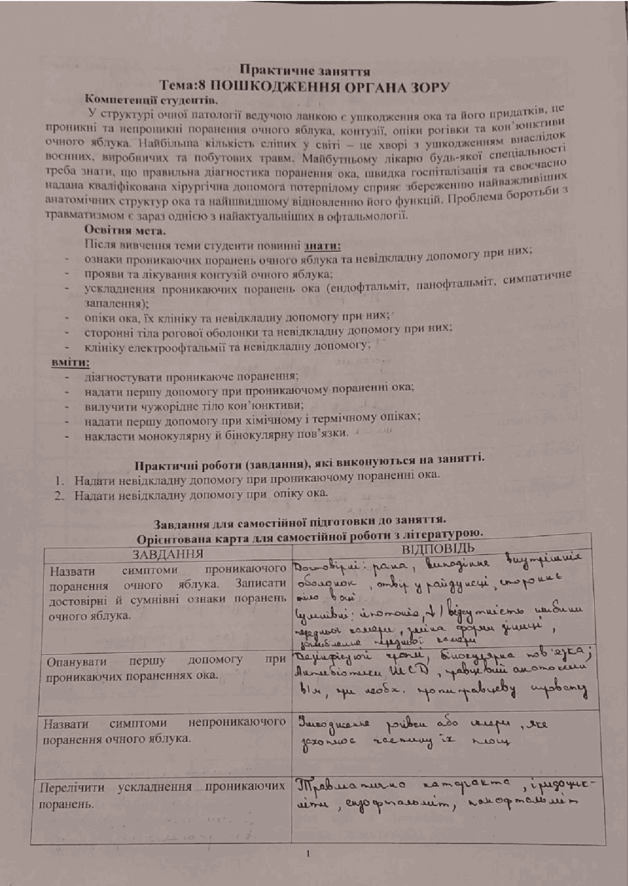 офтальмологія 8 тема Упражнения и задачи Офтальмология Docsity