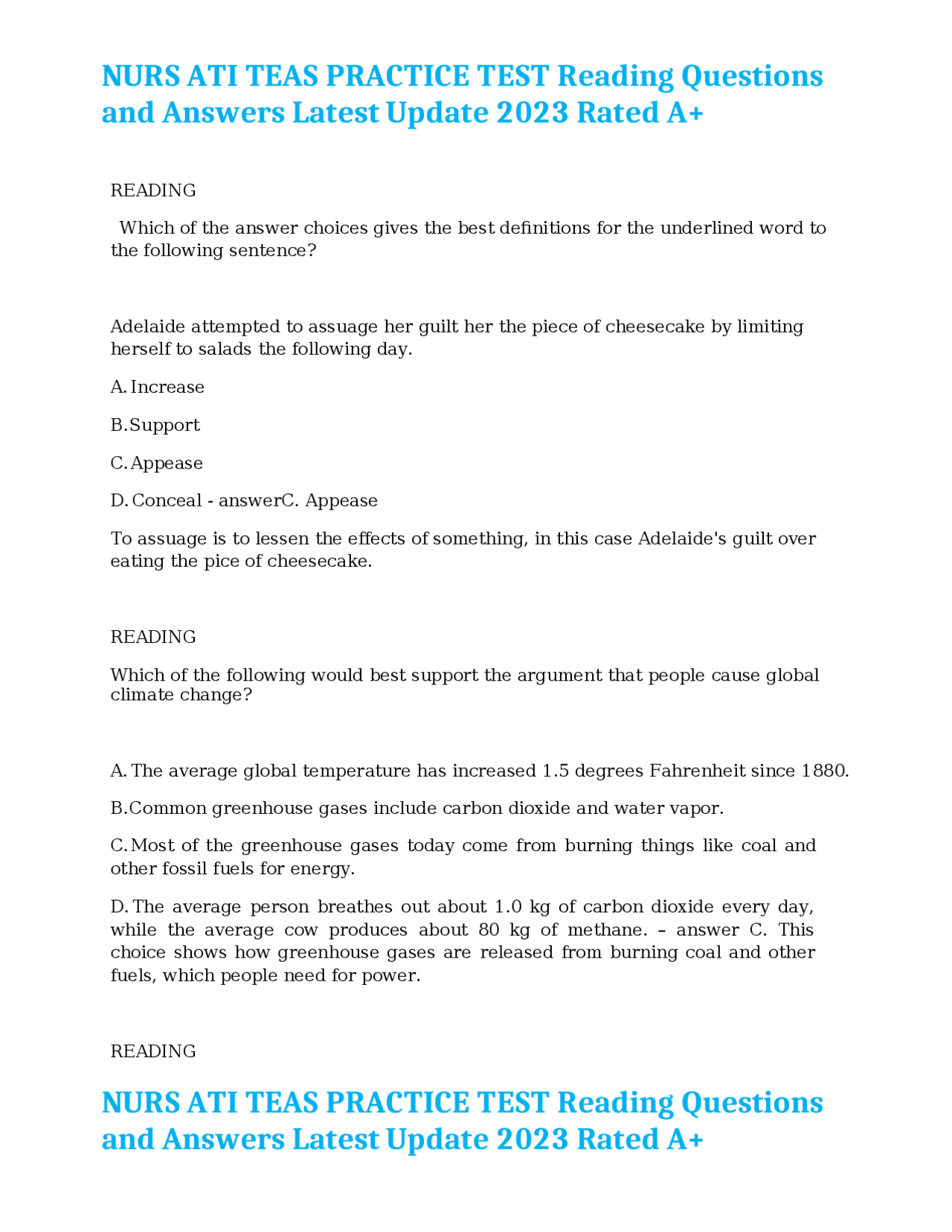 NURS ATI TEAS PRACTICE TEST Reading Questions and Answers Latest Update ...