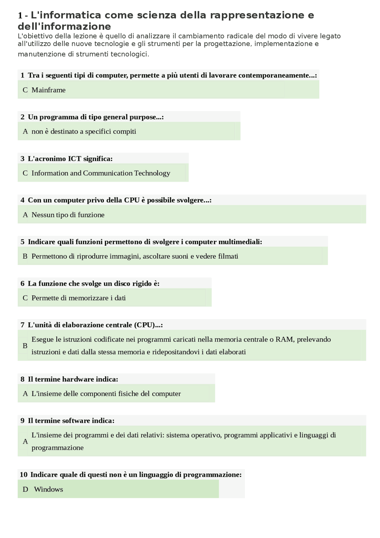 Test Di Autovalutazione Di Informatica Esercizi Di Elementi Di