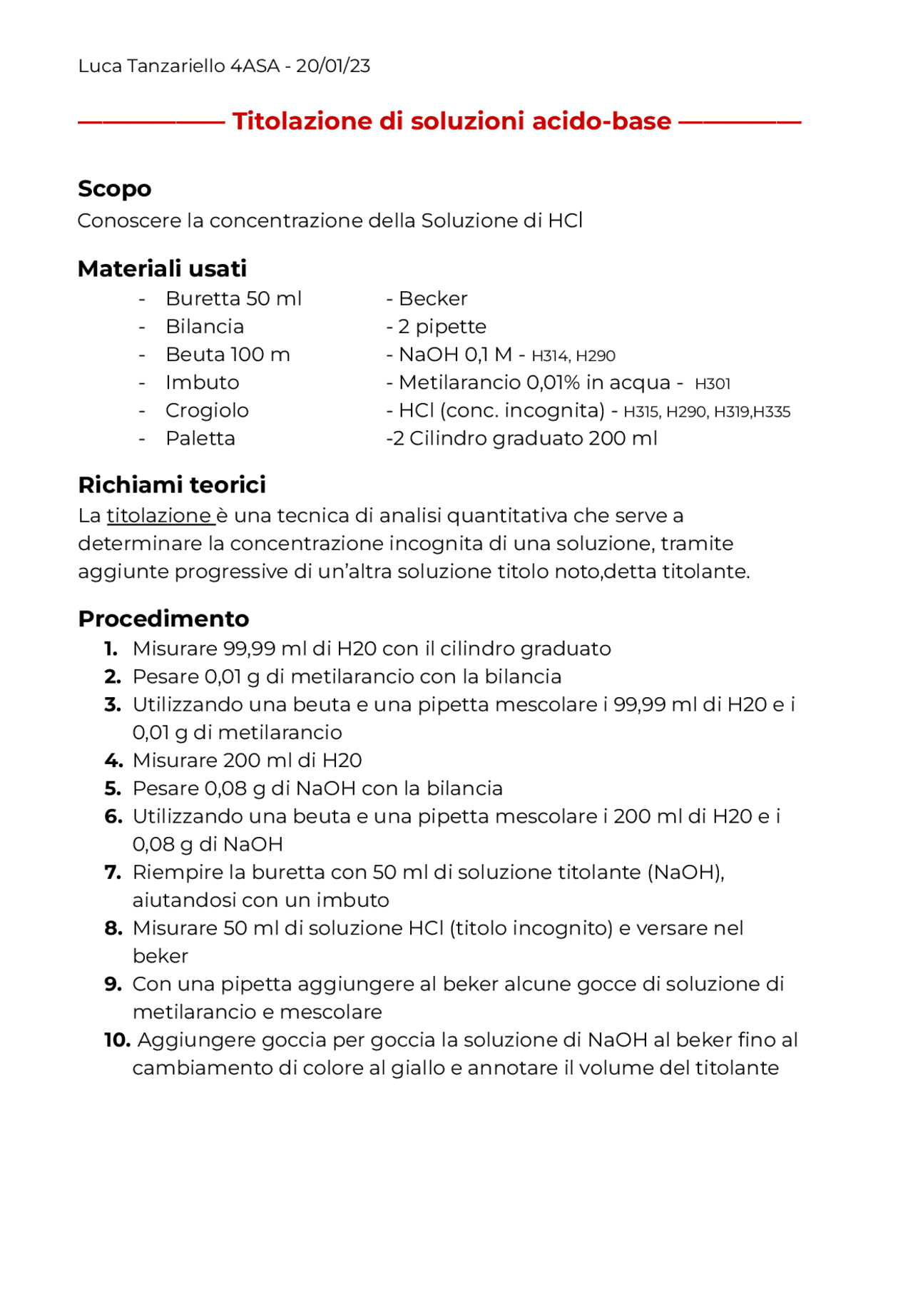 Titolazione di soluzioni acido-base - Scheda laboratorio | Esercizi di ...