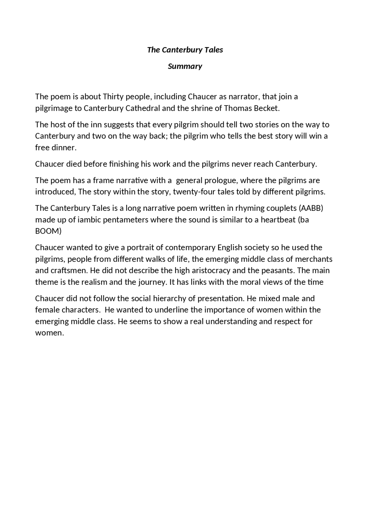 The Canterbury Tales - Summary | Esercizi di Inglese | Docsity