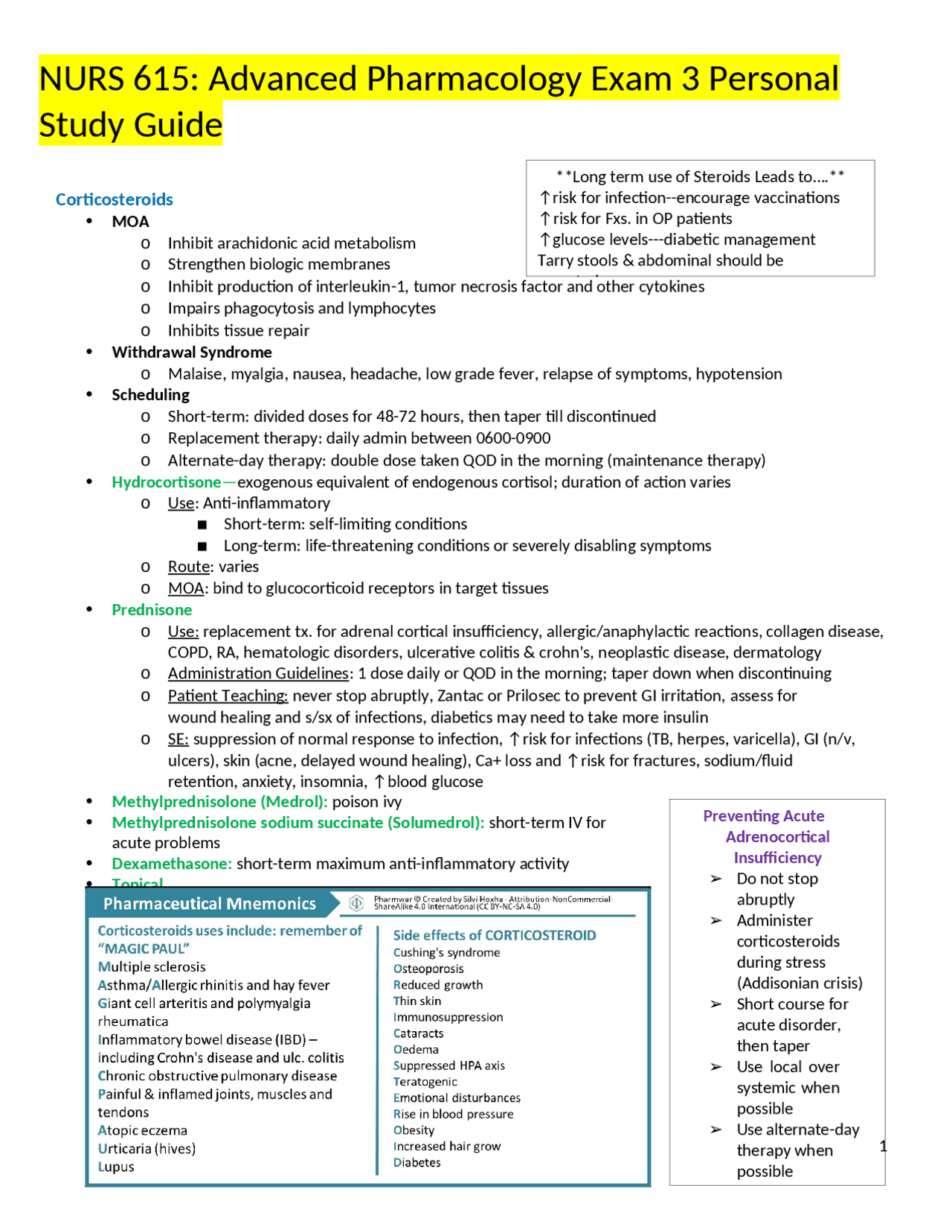 NURS 615: Advanced Pharmacology Exam 3 Personal Study Guide | Study ...