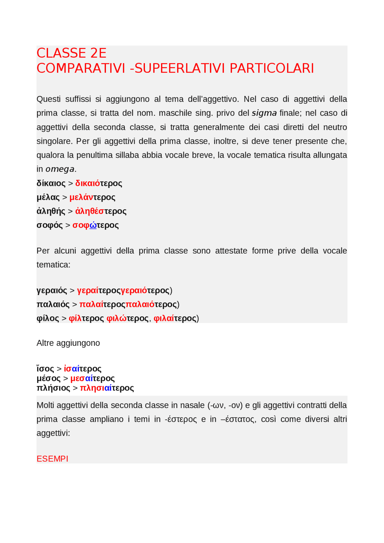 Comparativi e superlativi degli aggettivi di prima classe | Schemi e ...