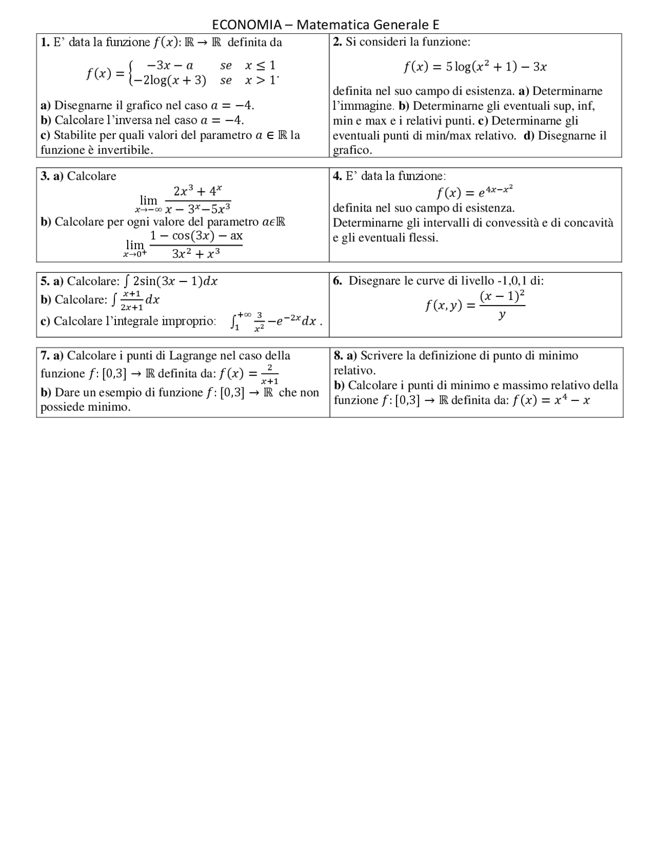 Prove d’esame matematica generale | Prove d'esame di Matematica Generale | Docsity