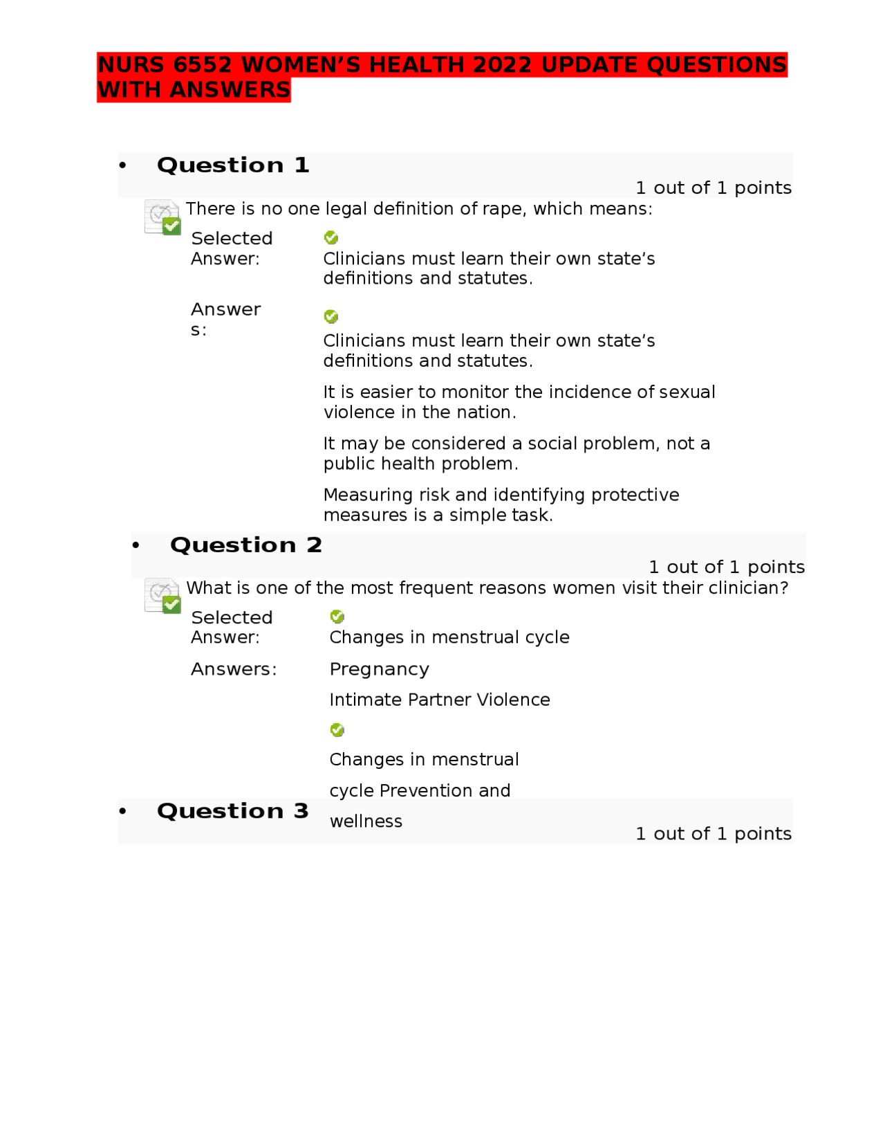 NURS 6552 WOMEN’S HEALTH 2022 UPDATE QUESTIONS WITH ANSWERS | Exams ...