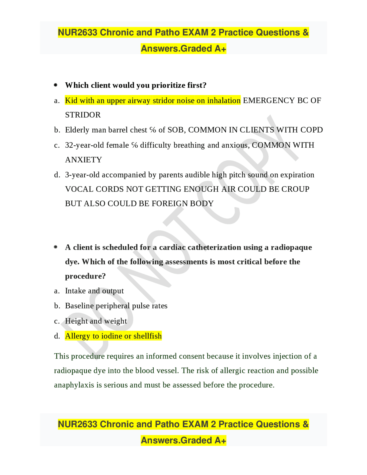 NUR2633 Chronic and Patho EXAM 2 Practice Questions & Answers | Exams ...