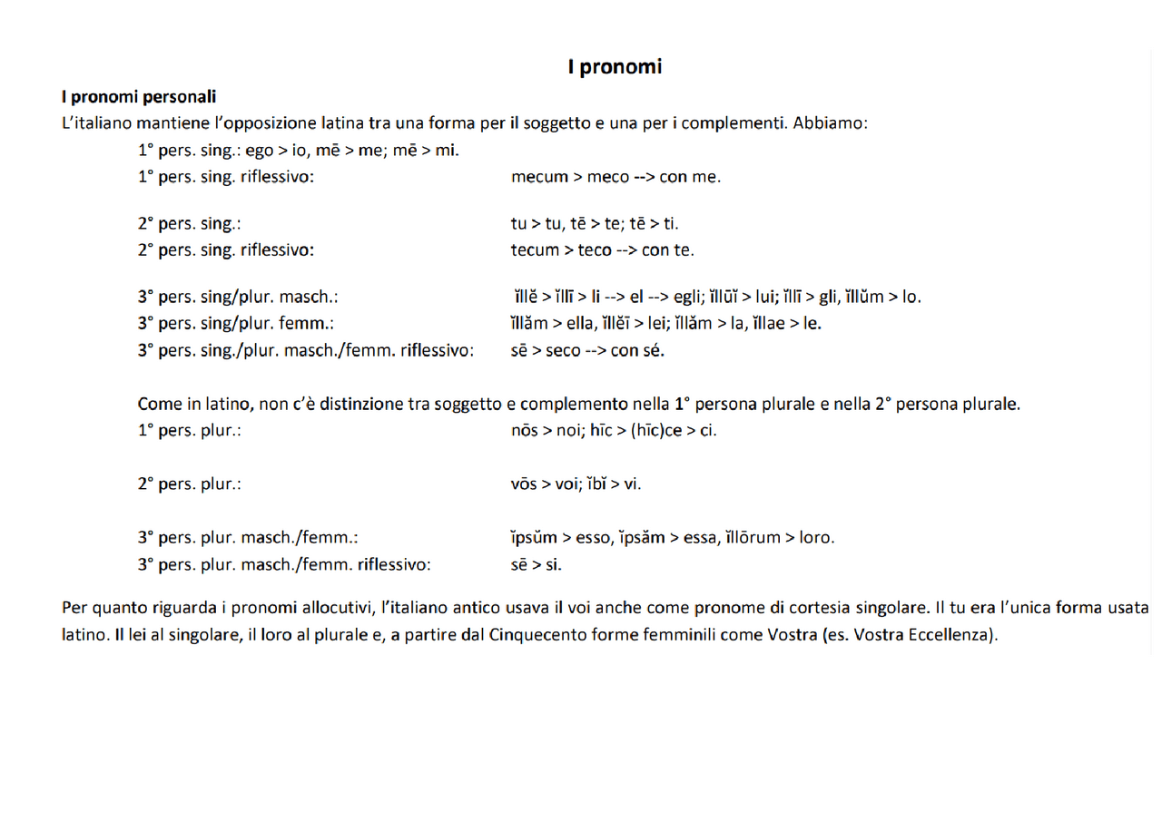 Pronomi dal latino al volgare, intro | Appunti di Linguistica | Docsity