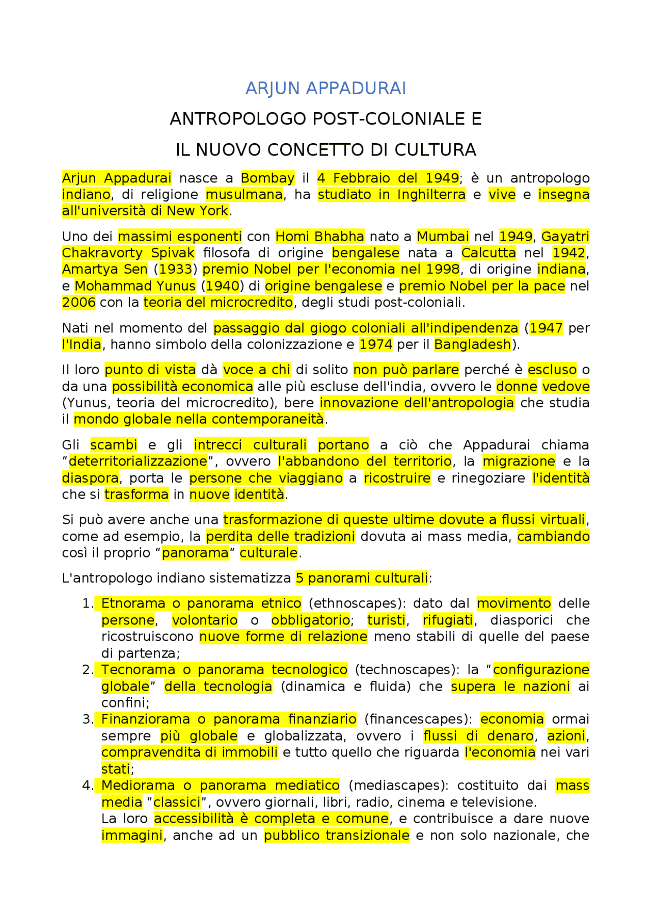 Arjun Appadurai - riassunto | Appunti di Antropologia | Docsity